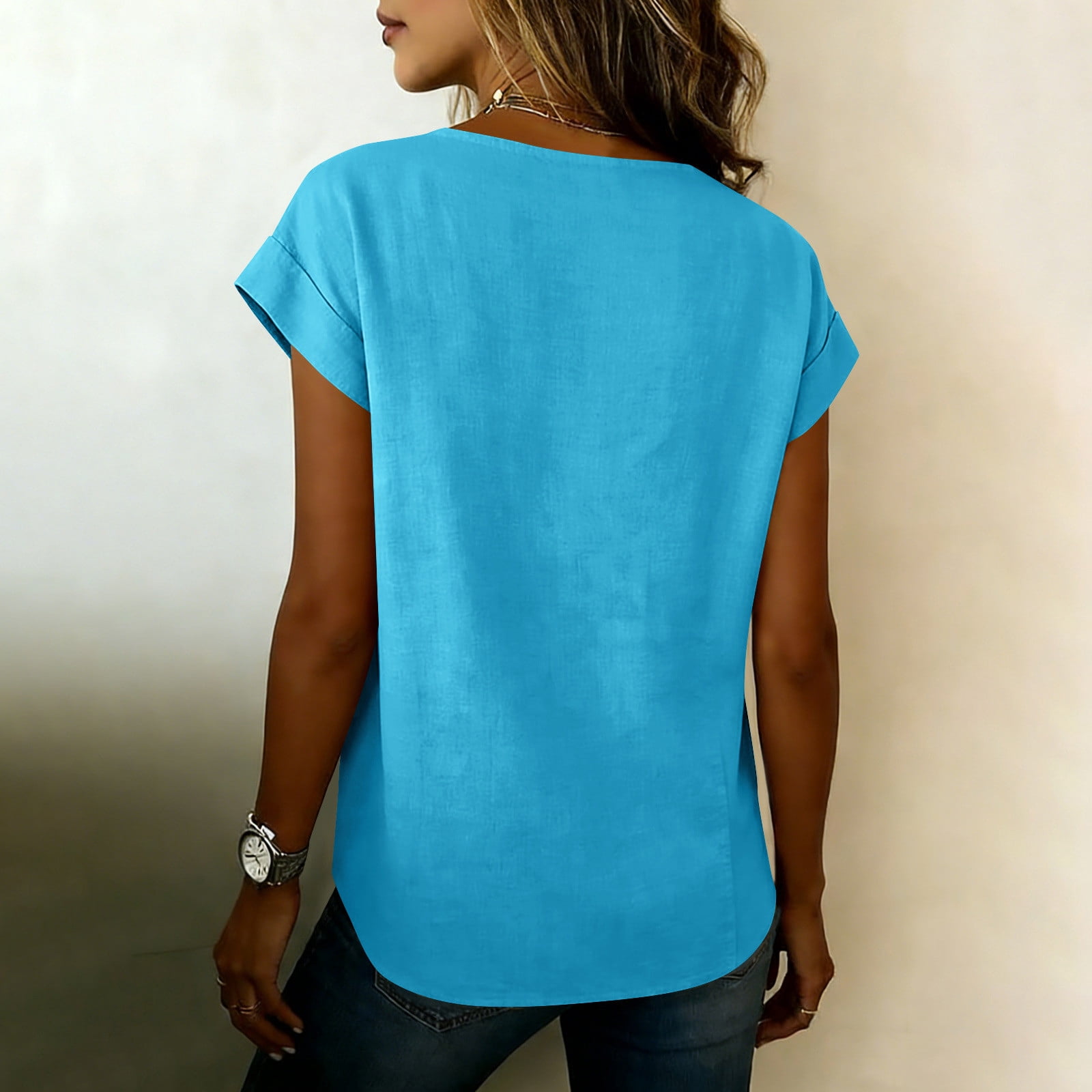 Rutainlusire Womens V-Neck Solid Color Short Sleeve Blouse Ladies Loose ...