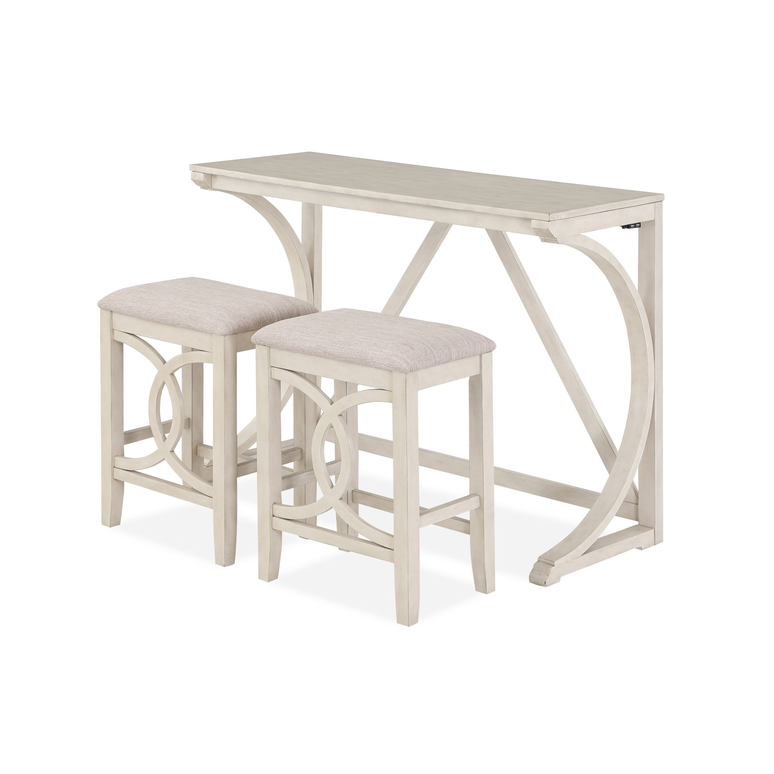 Ruth 3 Piece White Counter Table Set, Fabric Seating, Open Geometric ...