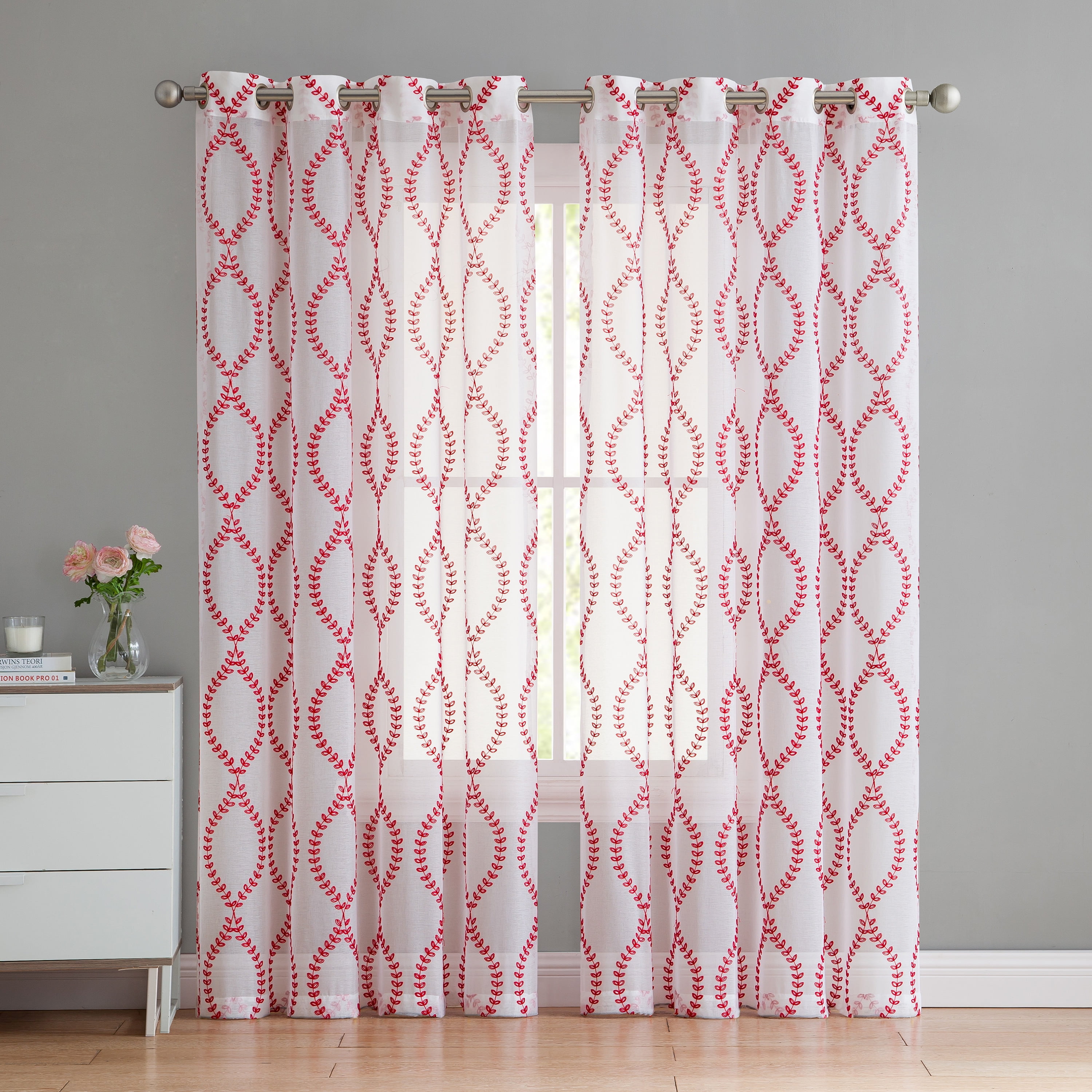 Ruthy’s Textile Red Sheer Curtains – 2 x 55” x 84” Panels, Grommet Top ...