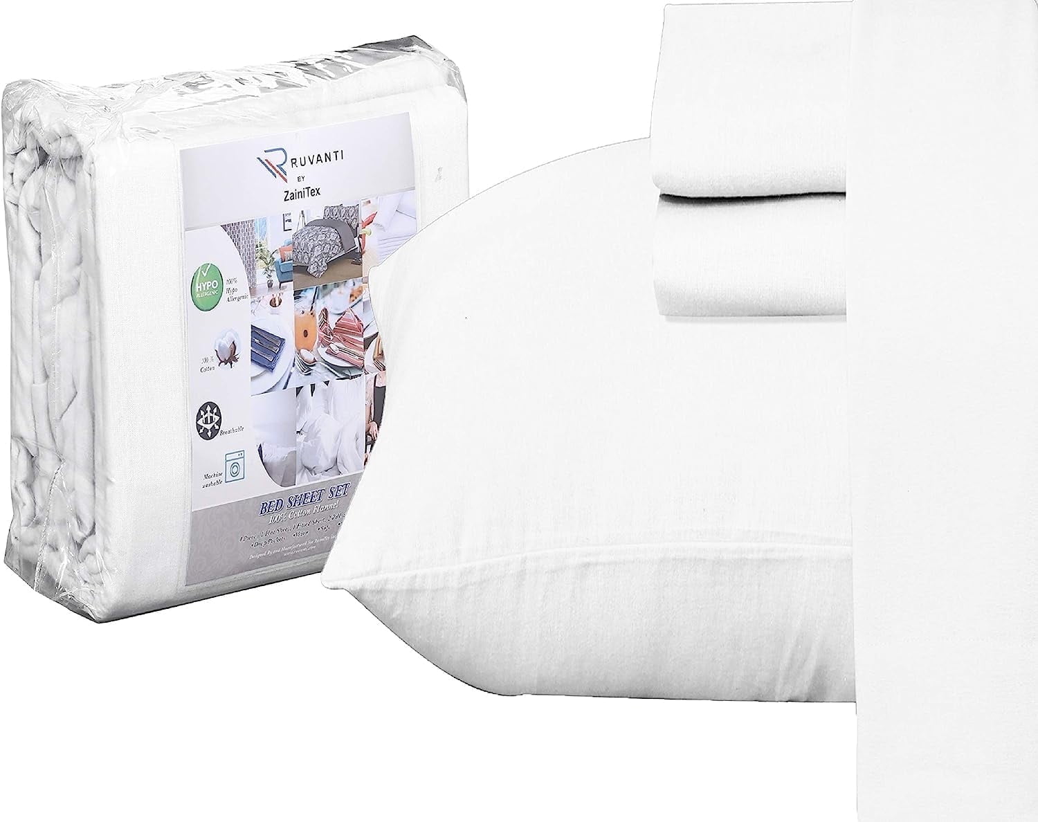 Ruvanti 100% Cotton 4 Pcs Flannel Sheets Queen Size, Deep Pocket, Warm ...