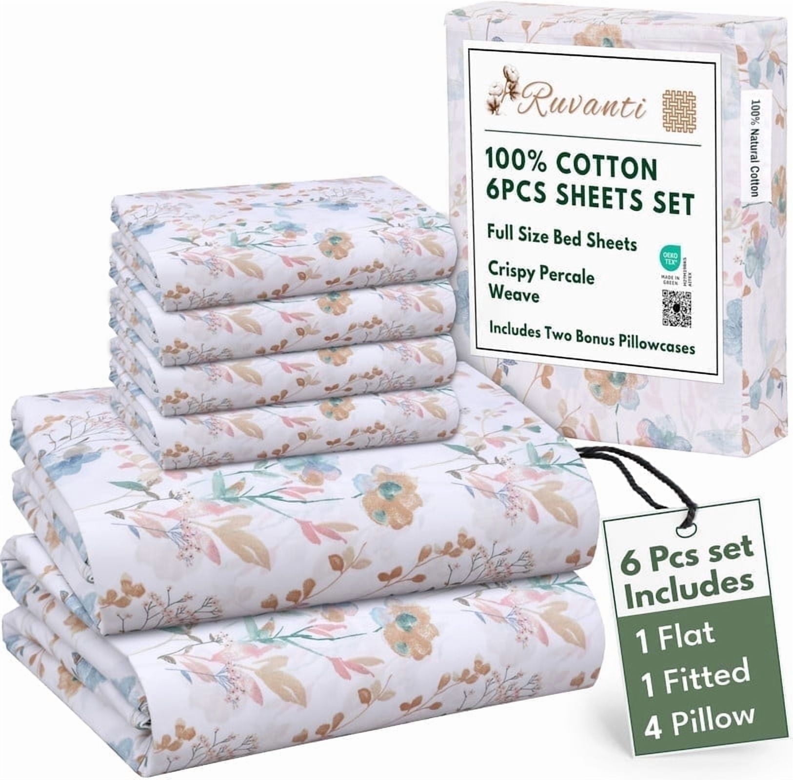 RUVANTI 6 Pcs Cotton Sheets - 100% Natural Cotton Soft, Lightweight ...