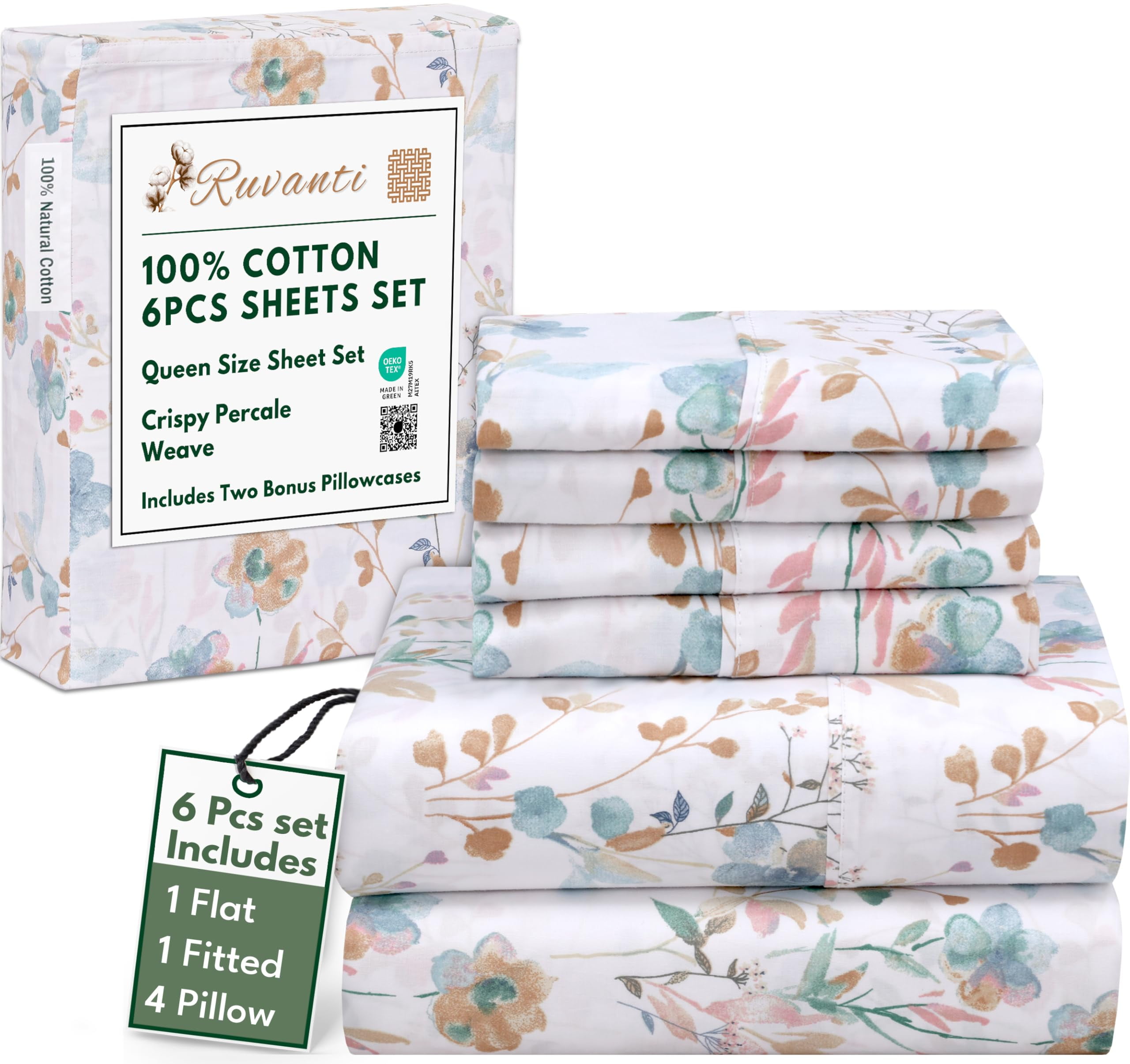 RUVANTI 6 Pcs Cotton Sheets - 100% Natural Cotton Soft, Lightweight ...