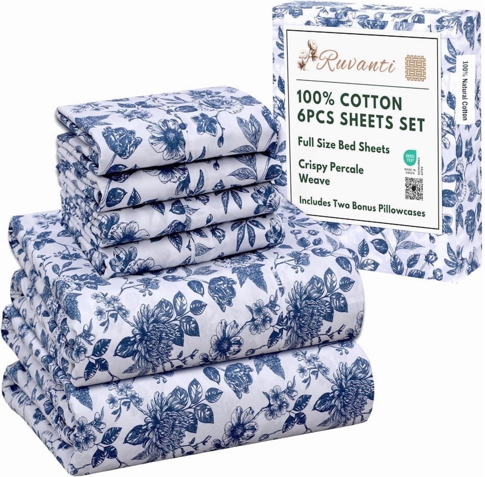 RUVANTI 6 Pcs Cotton Sheets - 100% Natural Cotton Soft, Lightweight & Breathable Crispy Percale ...