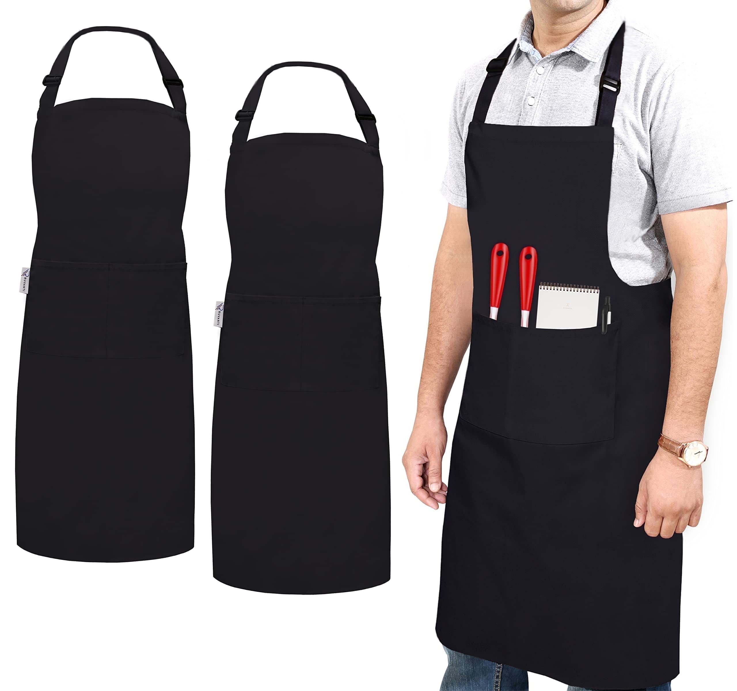 Ruvanti 2 Pack Professional Grade Black Aprons for Men/Women.Adjustable ...