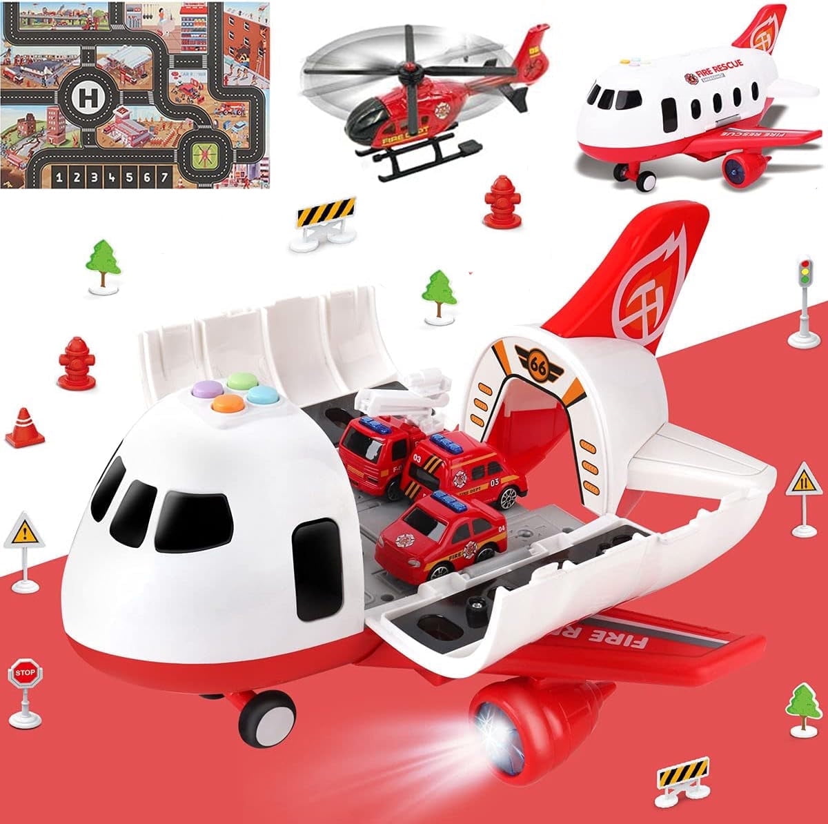 Ruvince Airplane Toys with Fire Truck Cars Toy Set and Play Mat,Plane ...