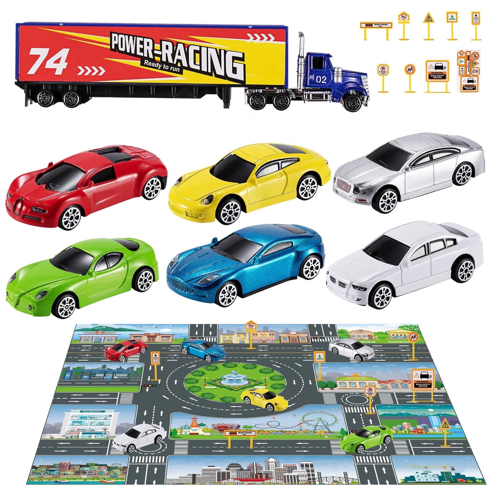 Ruvince Diecast Racing Cars Toy Set w/Activity Play Mat, Truck Carrier ...