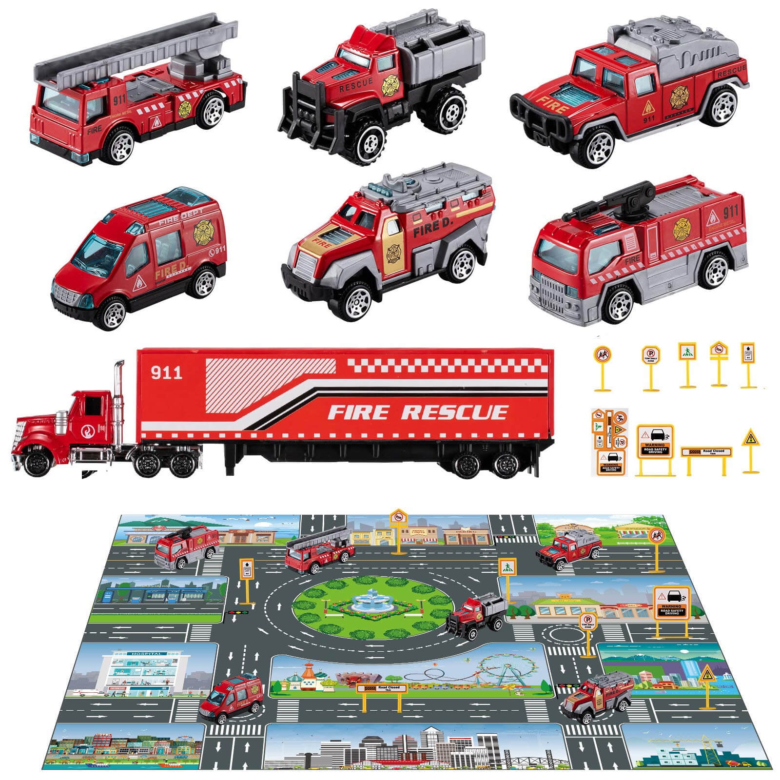 Ruvince Fire Truck Rescue Vehicle Toy Set w/Play Mat, Truck Carrier ...