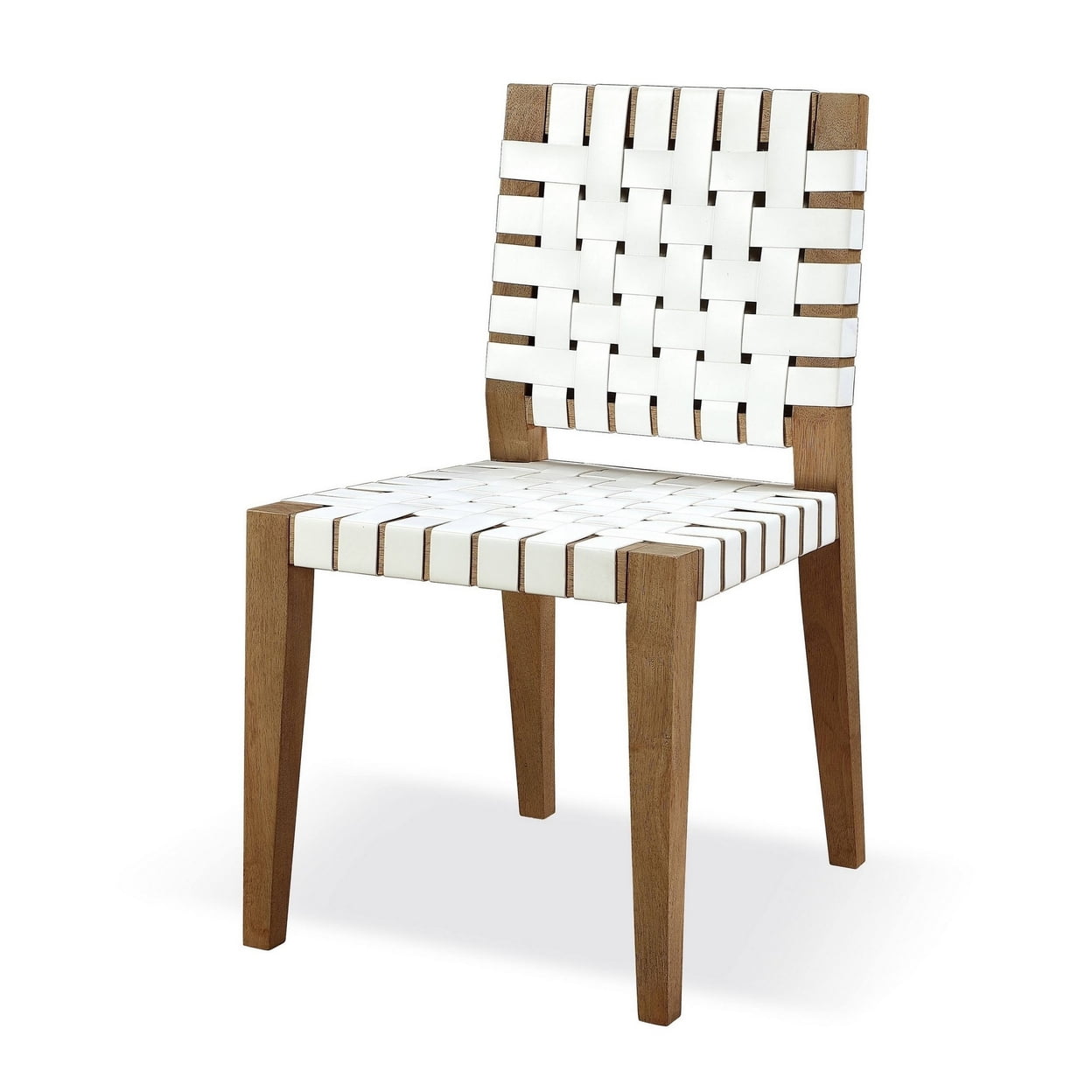 Rux 19 Inch Dining Chair, Woven Faux Leather Seat, White, Brown Wood ...