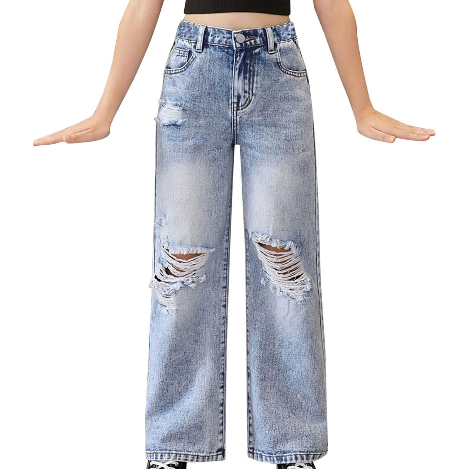 Ruyang Girls Baggy Ripped Jeans Vintage Wide Leg Distressed Denim Pants ...
