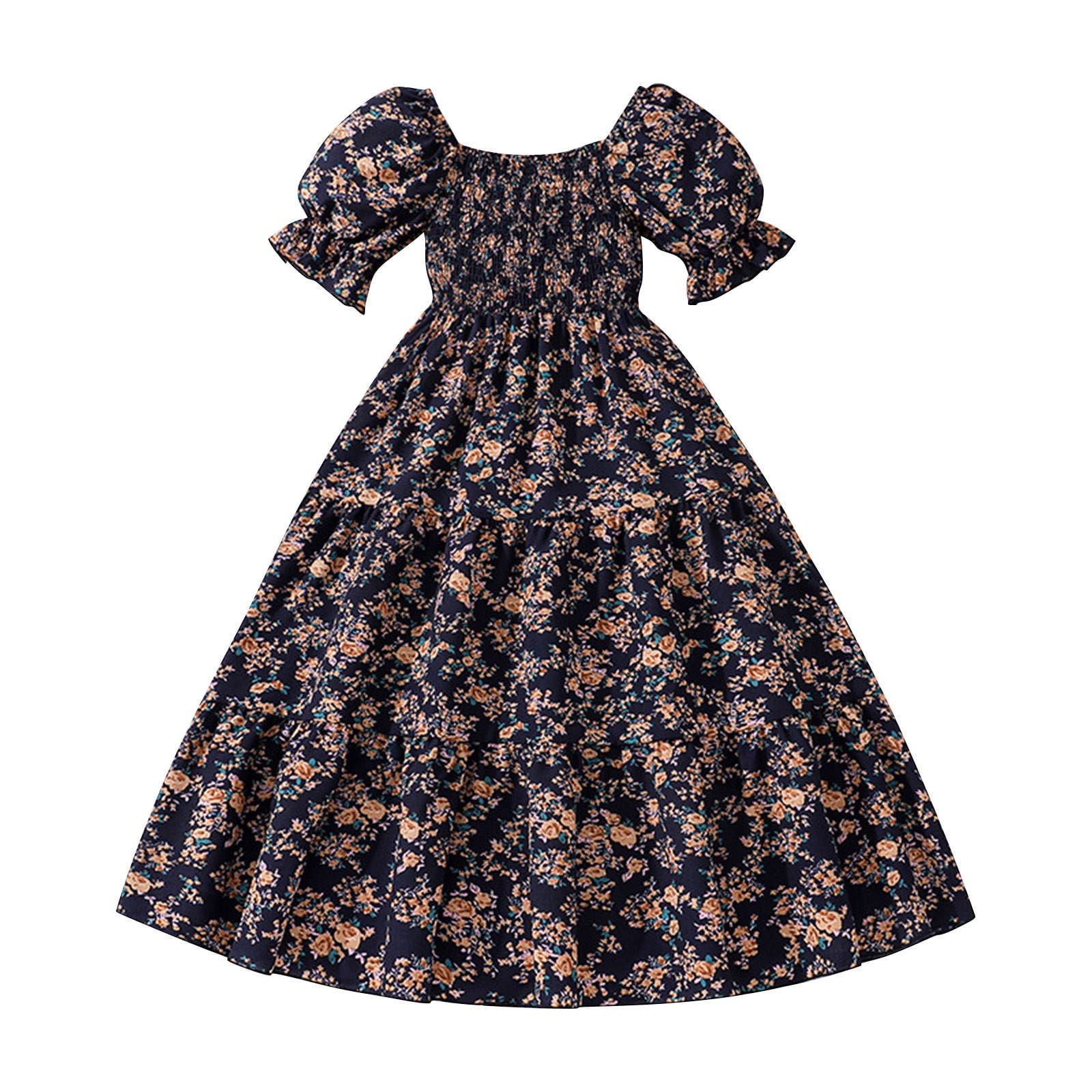Ruyang Girls Puff Sleeve Floral Princess Dress Square Neck High Waist ...