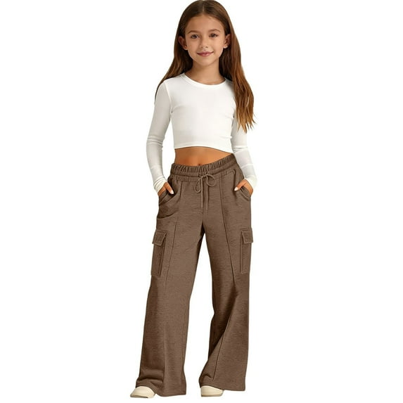 Ruyang Girls Wide Leg Cargo Sweatpants Baggy Cotton Plain Joggers Kids ...