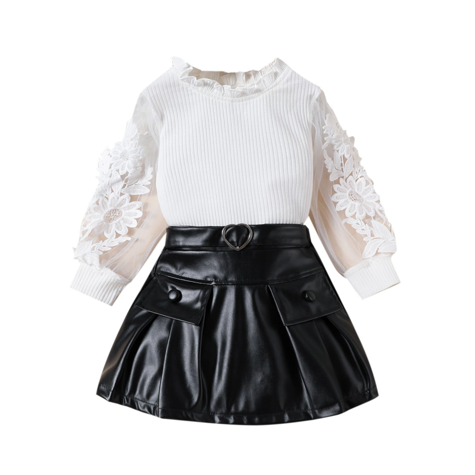 Ruyang Little Girls Faux Leather Skirts Set Fashion Puff Sleeve Tshirt ...