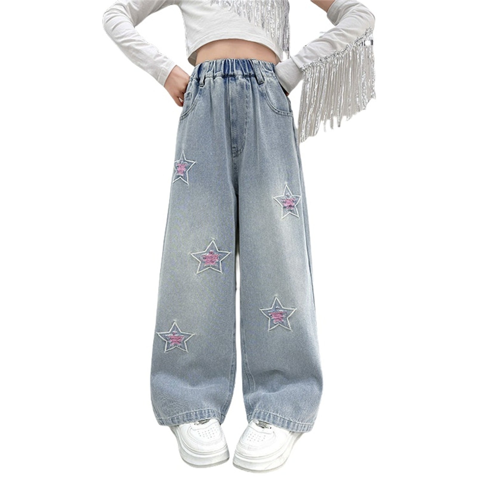 Ruyang Star Ripped Patch Baggy Jeans for Girls Wide Leg Jeans Elastic ...