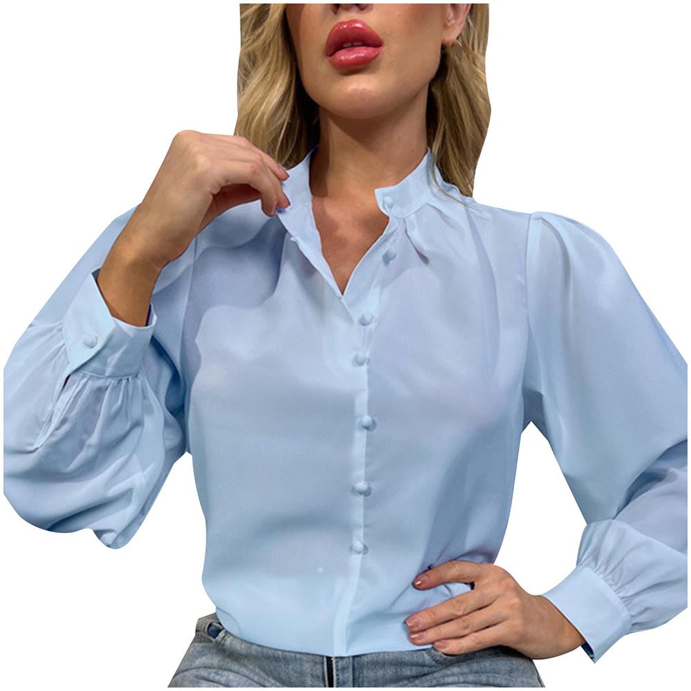 Ruziyoog Tops Blouses Shirt for Women Classic Solid Color Button ...