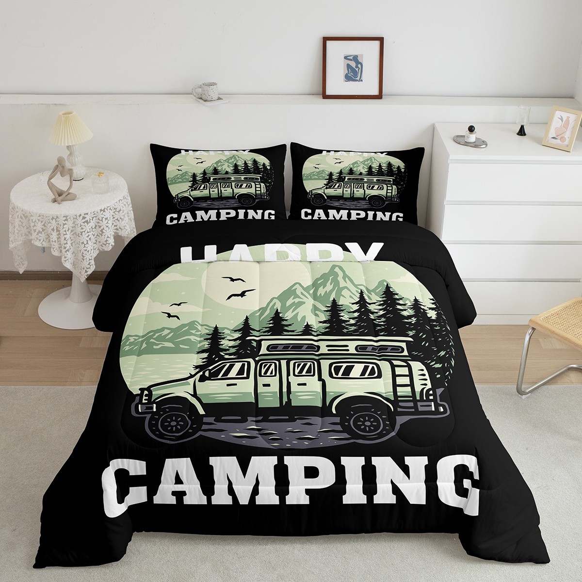 Rv Happy Camping Comforter Set Queen Size for Youth Teens Men, Camper ...