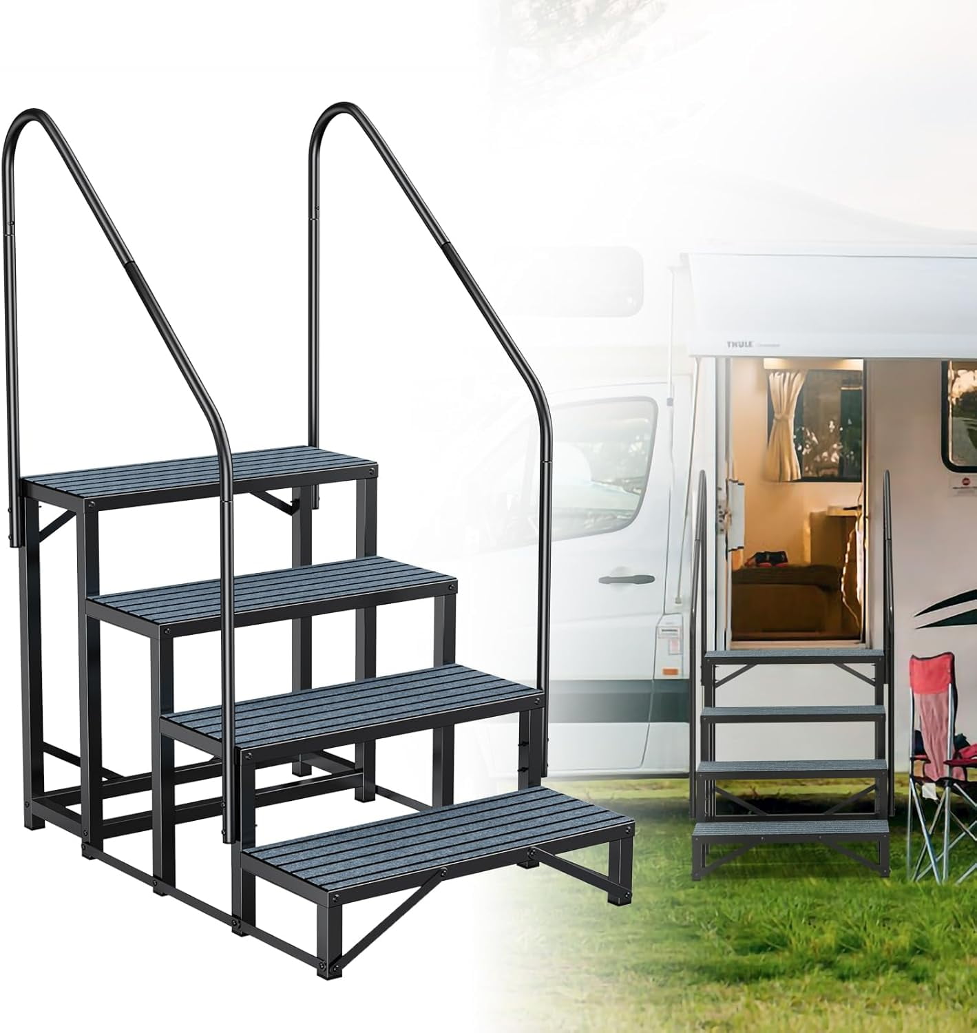 Rv Steps with Handrail 4 Step,Hot Tub Steps with Anti-Slip Mats,Heavy ...