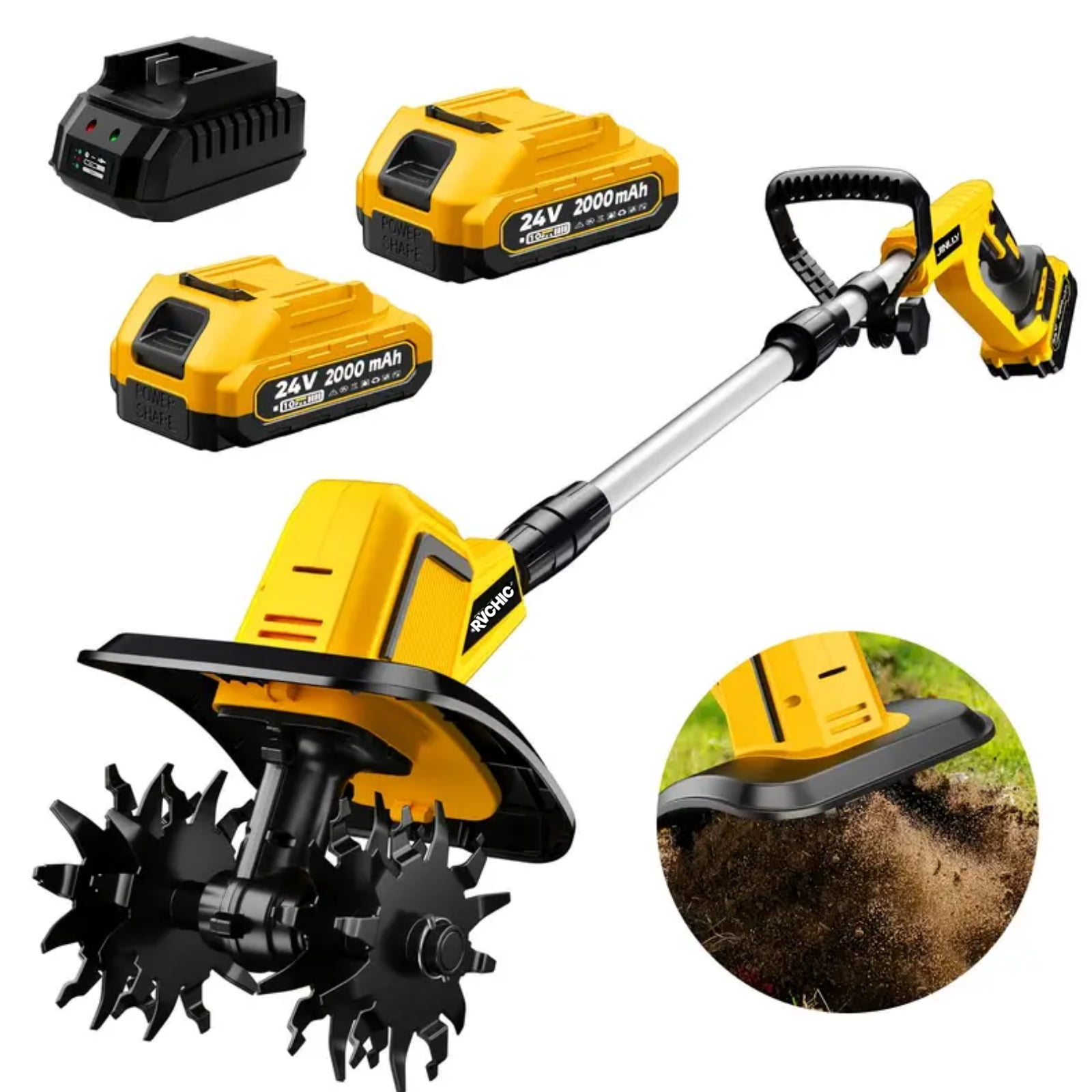 Rvchic 24V Cordless Tiller Cultivator with 2x2000mAh Batteries,360RPM ...