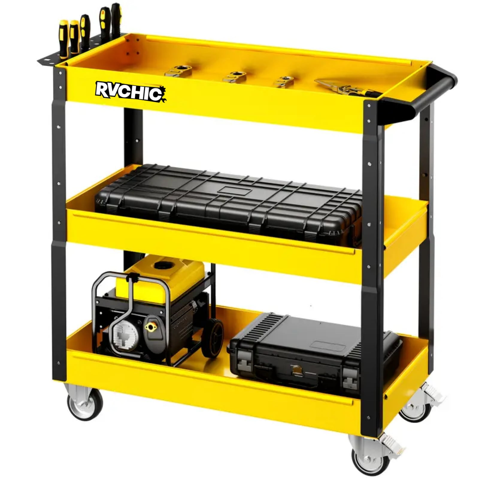 Rvchic 3 Tier Rolling Tool Cart with Pegboard,300 LBS Capacity Mechanic ...