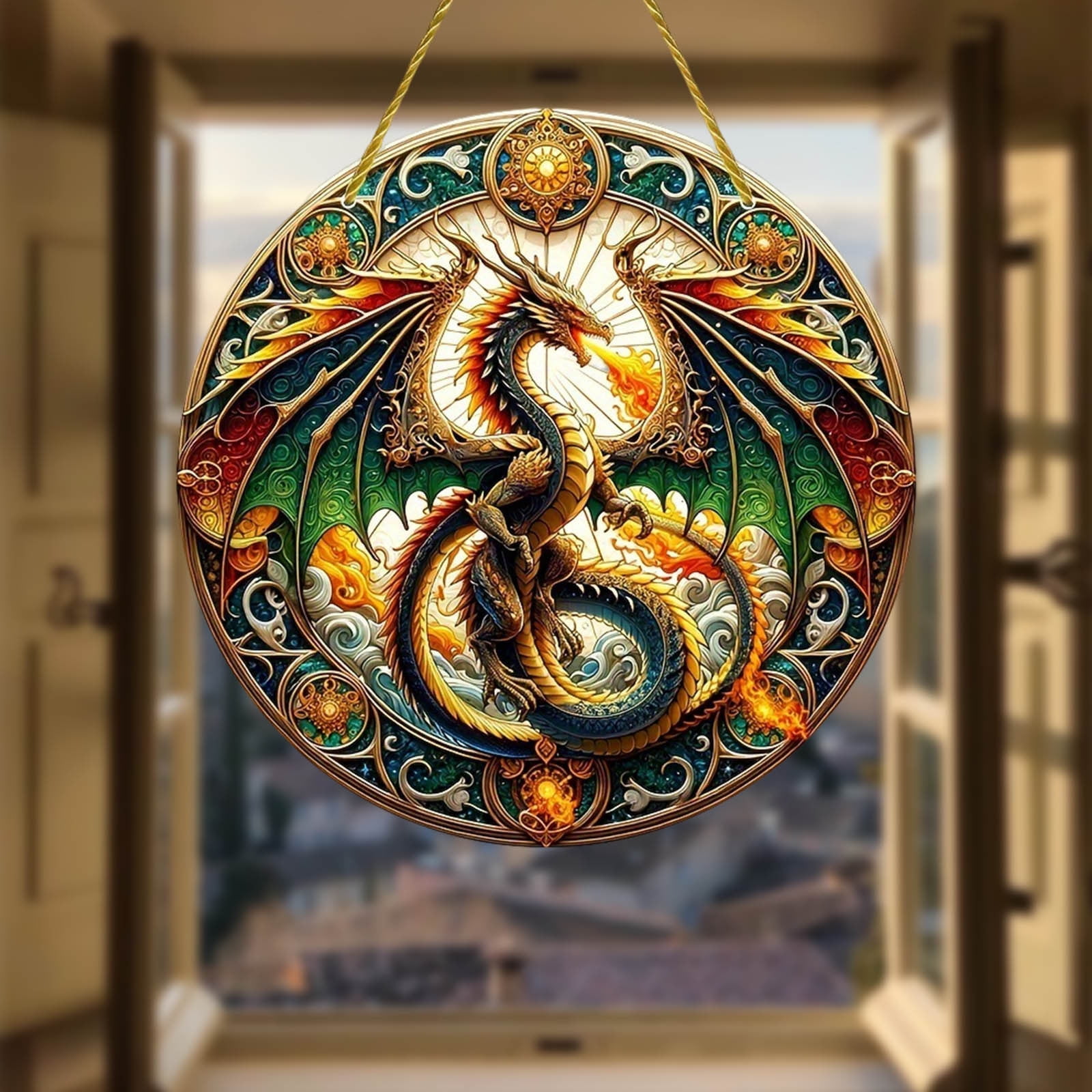 Rvkxad Hand Painted Dragons Suncatcher, Stained Glass Window Hanging ...