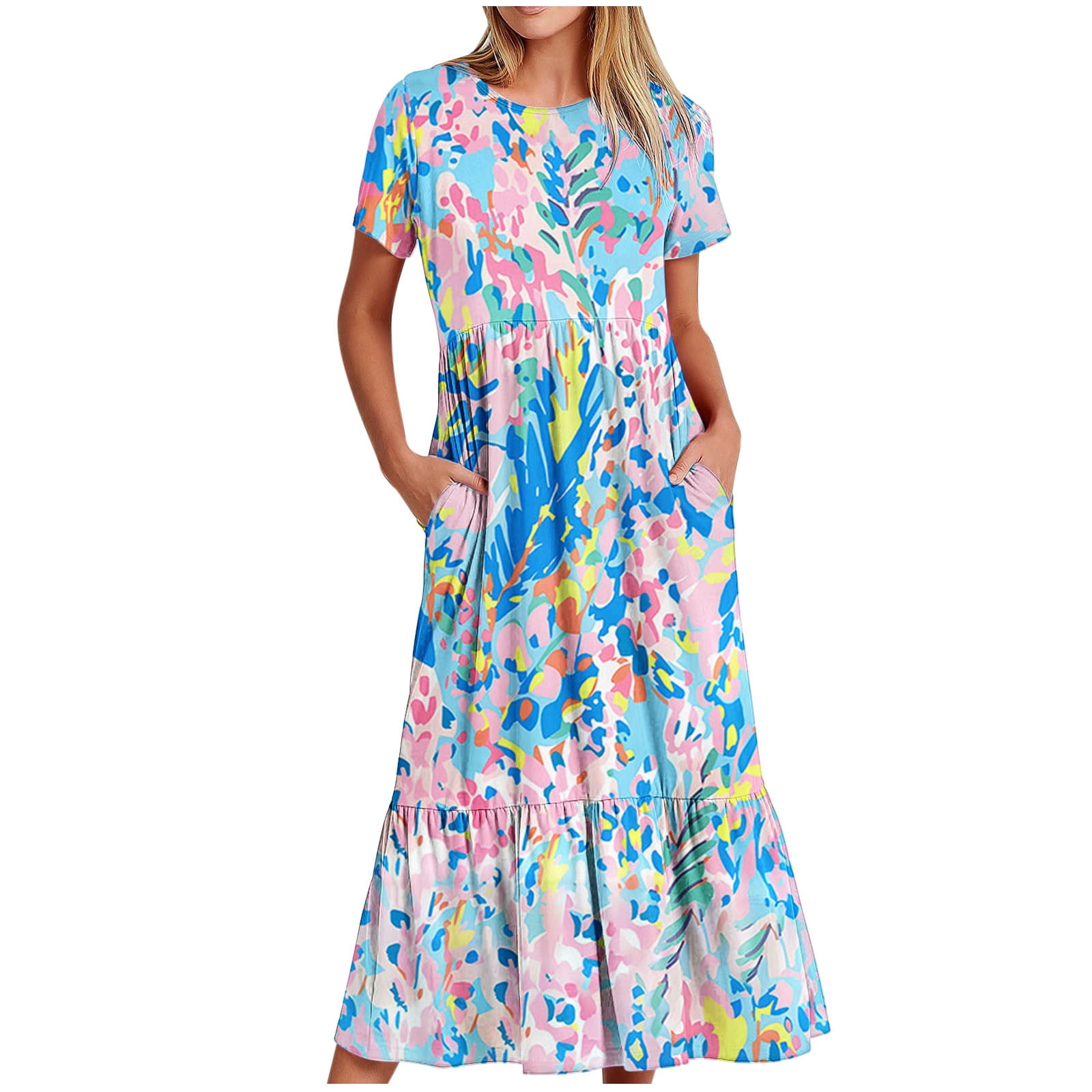 Rvkxad Summer Dresses for Women 2025 Trendy Short Sleeve Pleated Long ...