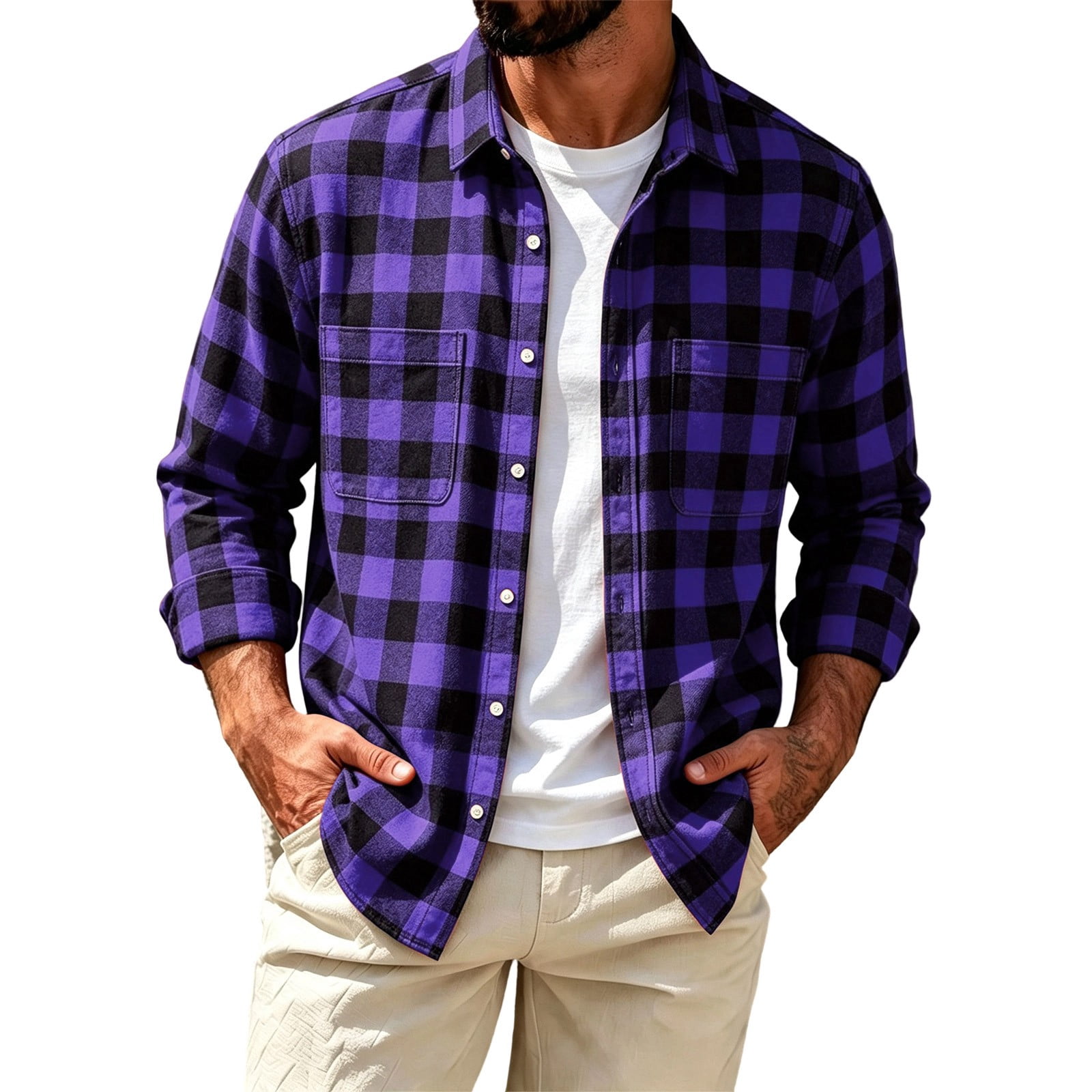 Rvwovn Men's Plaid Long Sleeve Shirt Check Button Down Casual Pocket ...