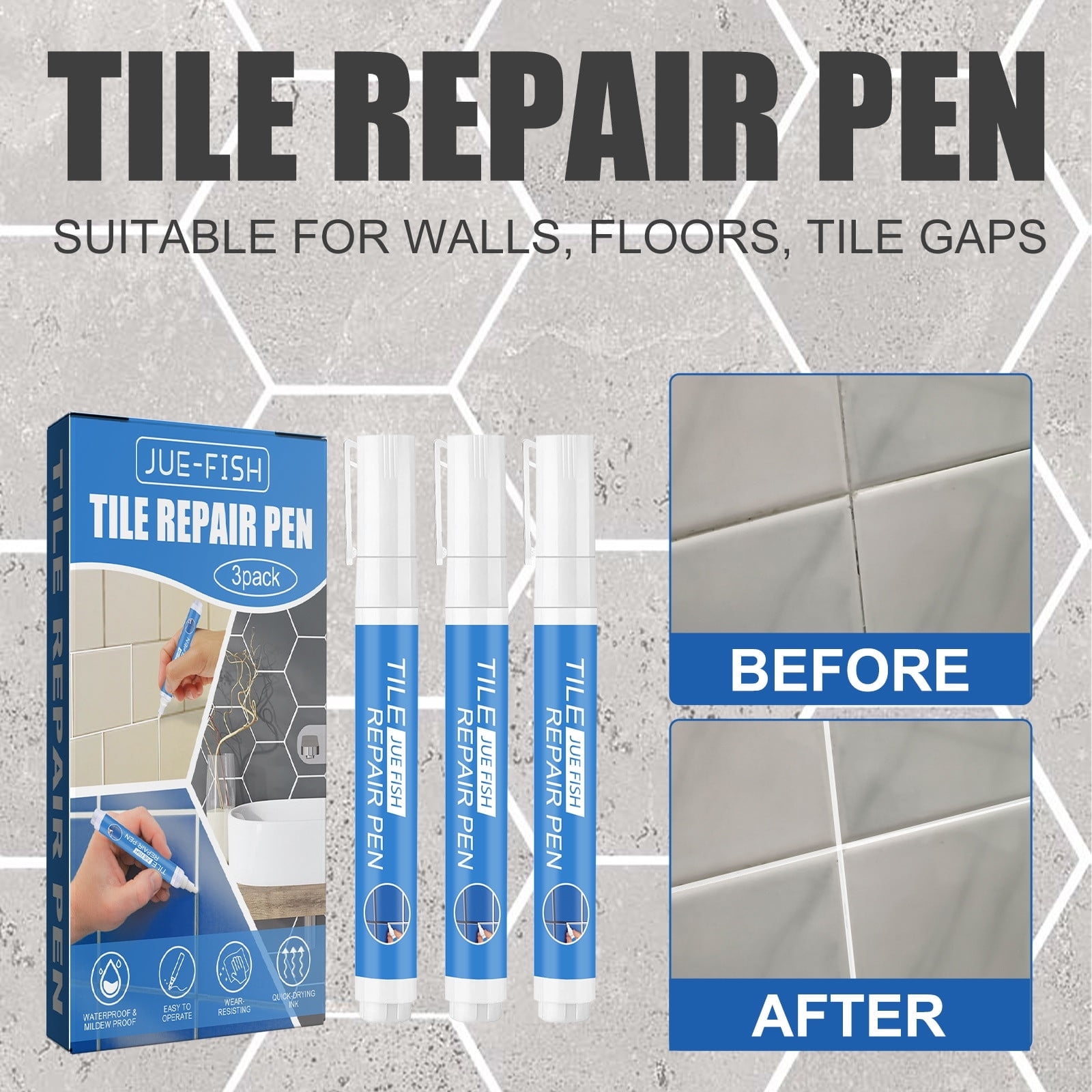 3-Pack White Tile Grout Repair Pen Set 7ml Each For 2-5mm Wall & Floor ...