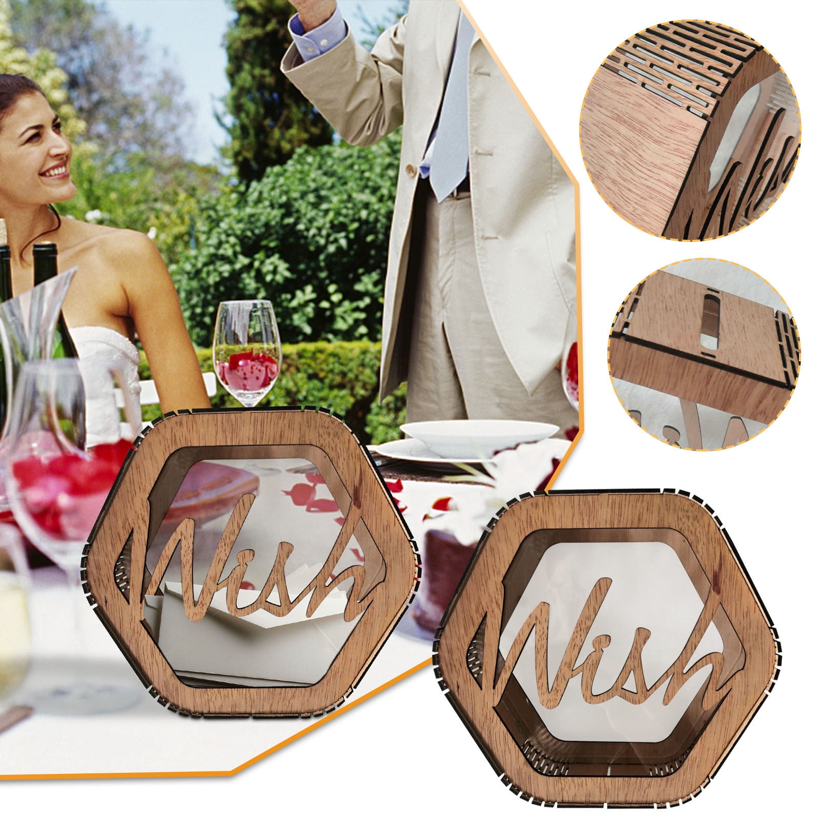 Rwvbm Hexagonal Wooden Wedding Card Box Transparent Gift Money Bank 8.6 ...
