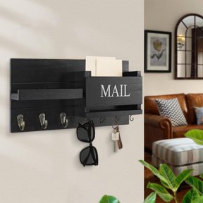 DERCLIVE Key Holder for Wall, 5 Hooks, Wooden Mail Rack Organizer with ...