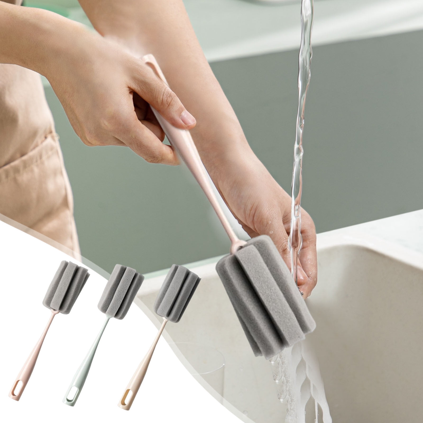 Rwvbm Long Handle Bottle Cleaning Brush Soft Foam Sponge for Deep ...