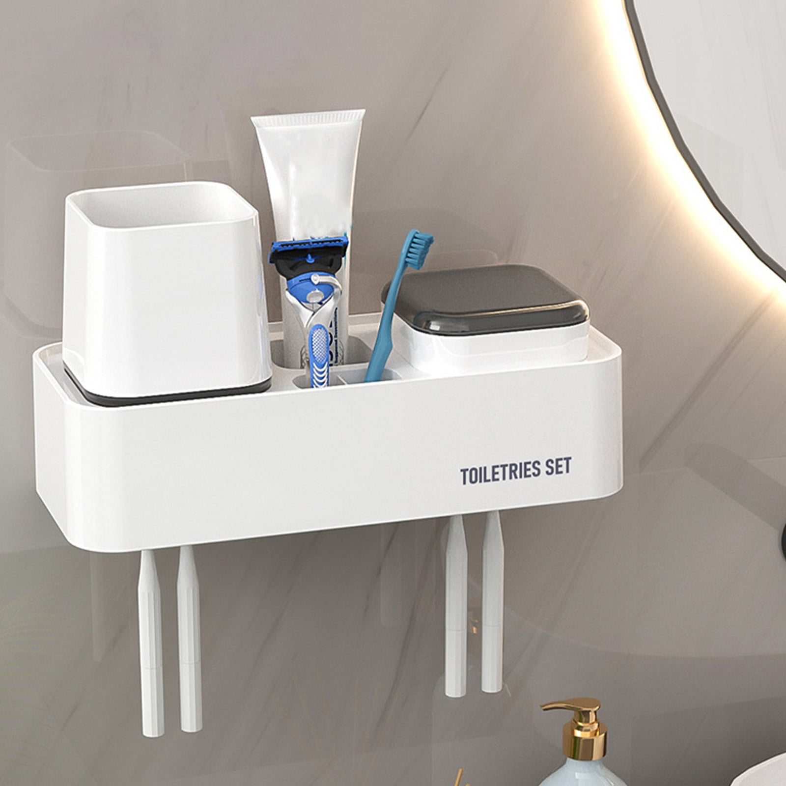 Wall Mounted Toothbrush with 2 Cups ABS Plastic Bathroom Organizer ...