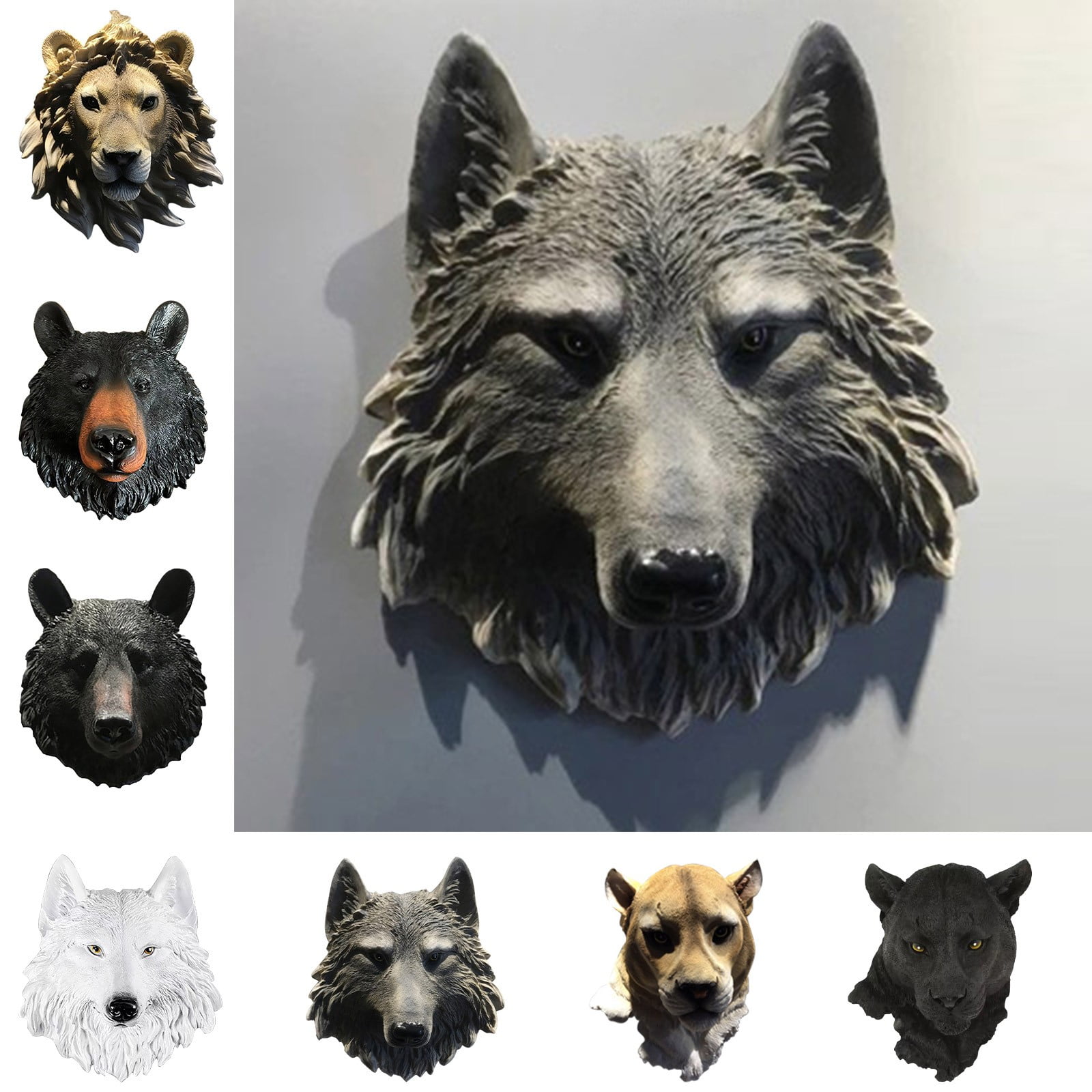 Rwvbm Wildlife Wall Mount Decor, Realistic Wolf/Leopard/Bear Head Bust ...