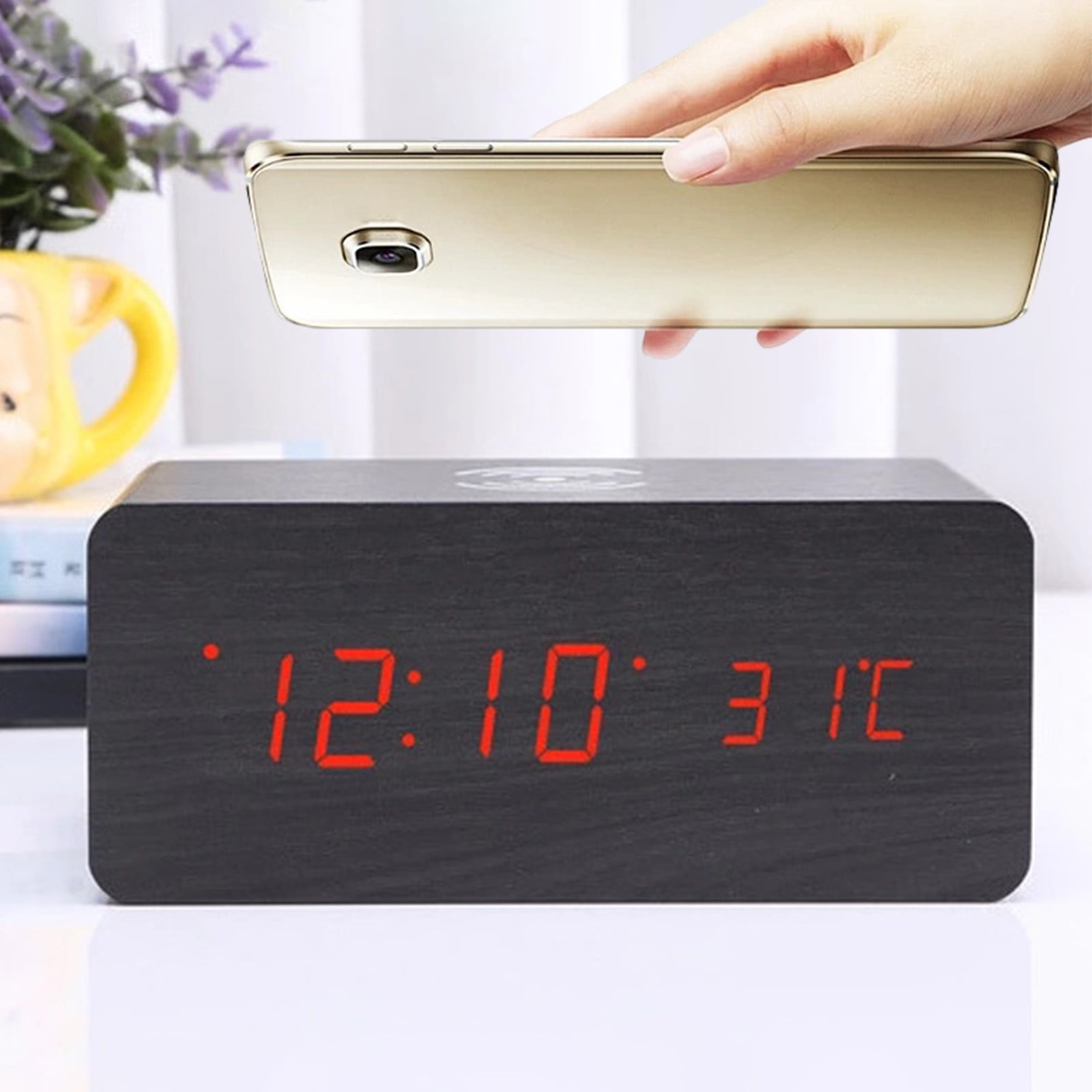 Rwvbm Wooden LED Digital Alarm Clock with Wireless Charging Voice ...