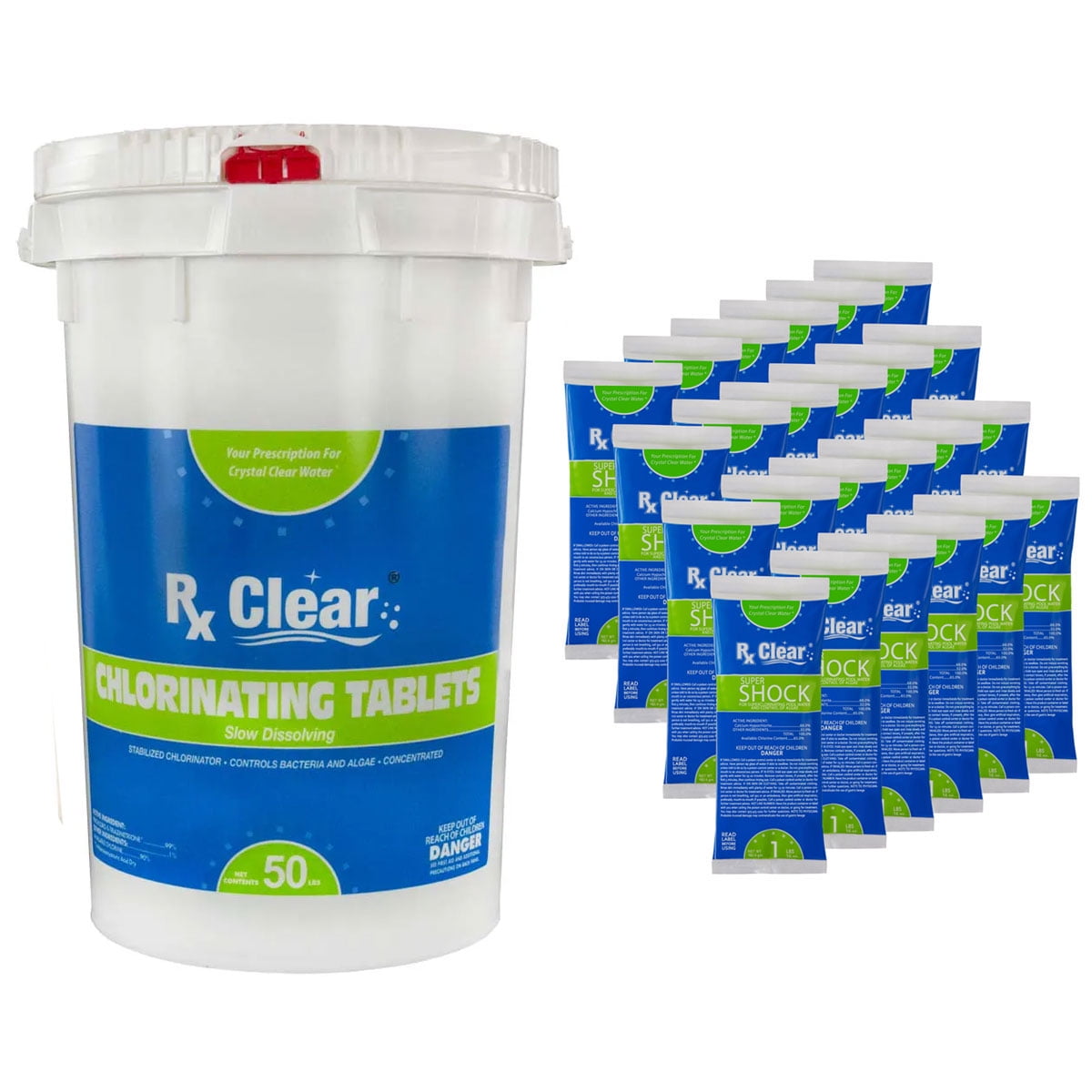 Rx Clear 3" Stabilized Chlorine Tablets and Super Shock Kit, 50 lbs ...