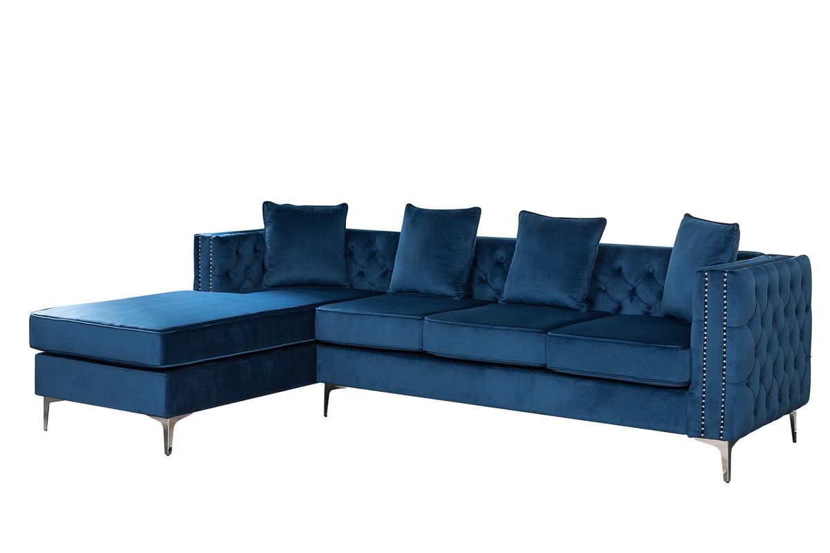 Ryan Deep Blue Velvet Reversible Sectional Sofa Chaise with Nail-Head ...