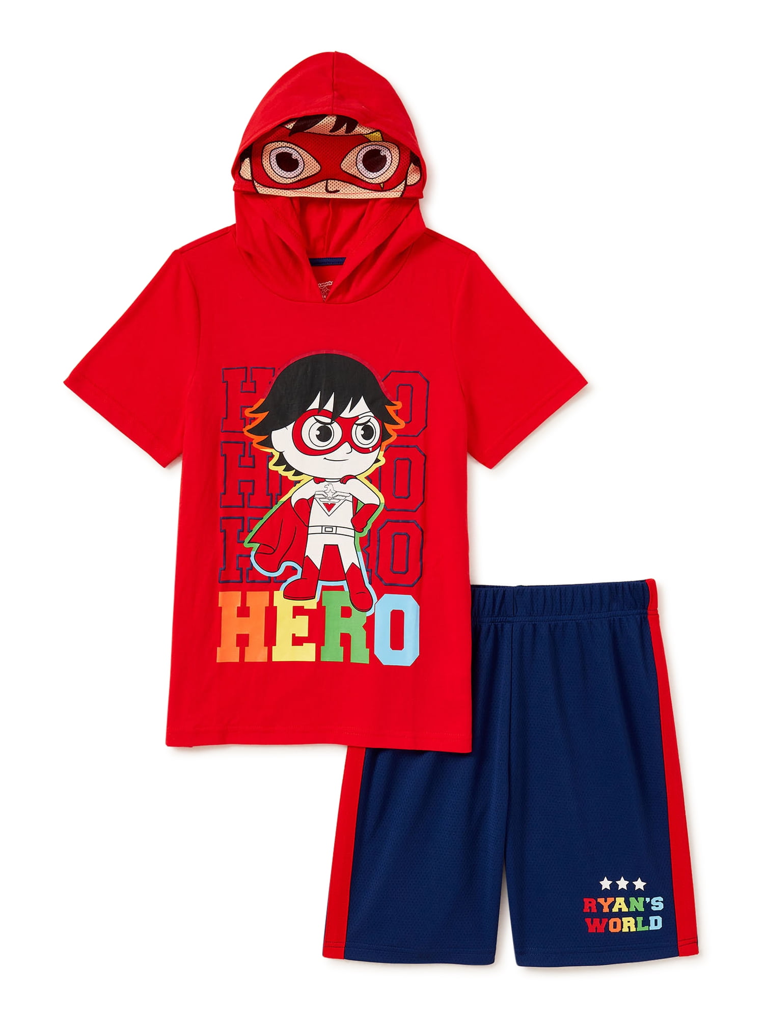 Ryan's World Boys Hoodie T-Shirt & Knit Pull On Shorts with Mask, 2 ...