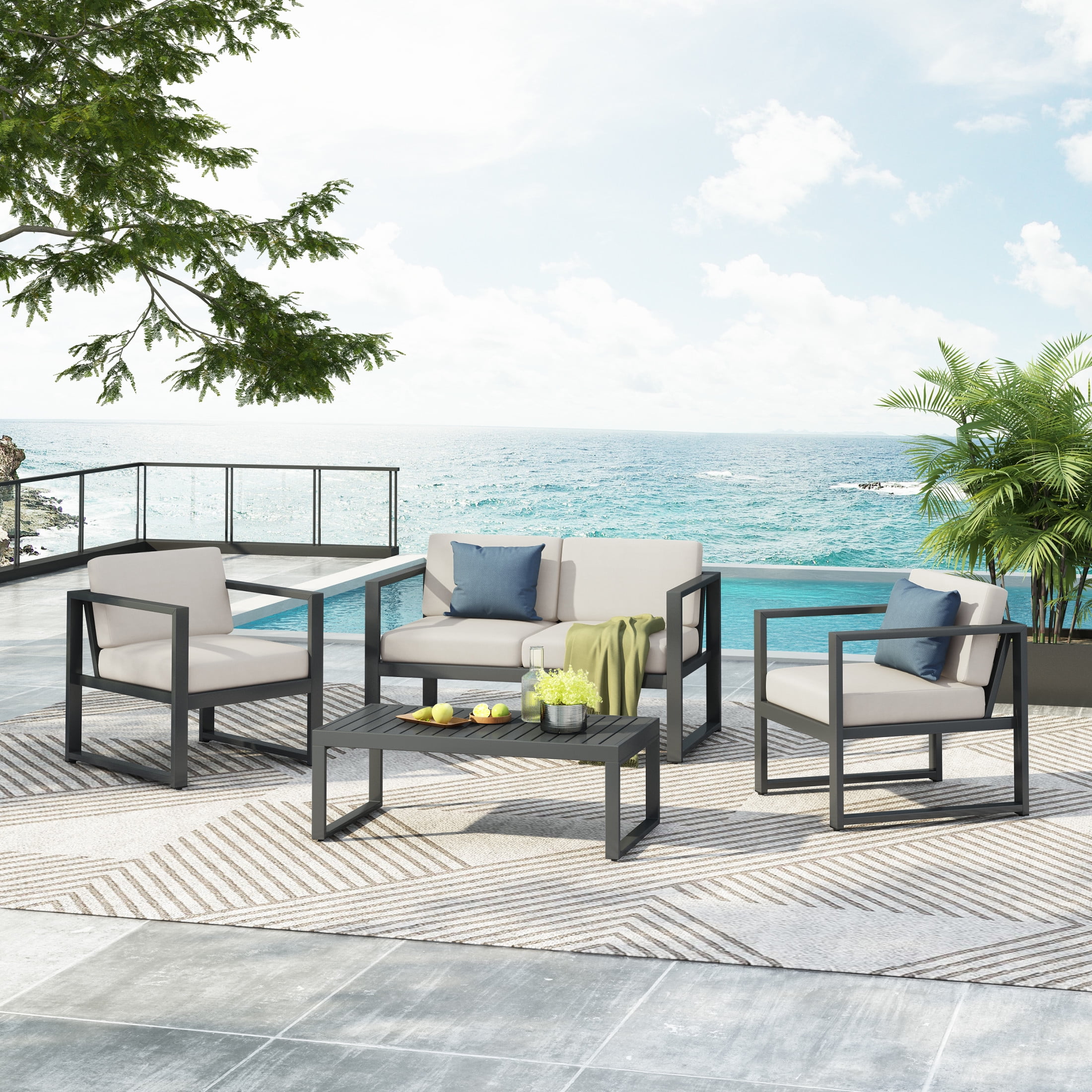 Ryder Modern 4-Piece Outdoor Patio Aluminum Chat Set, Black Frame with ...