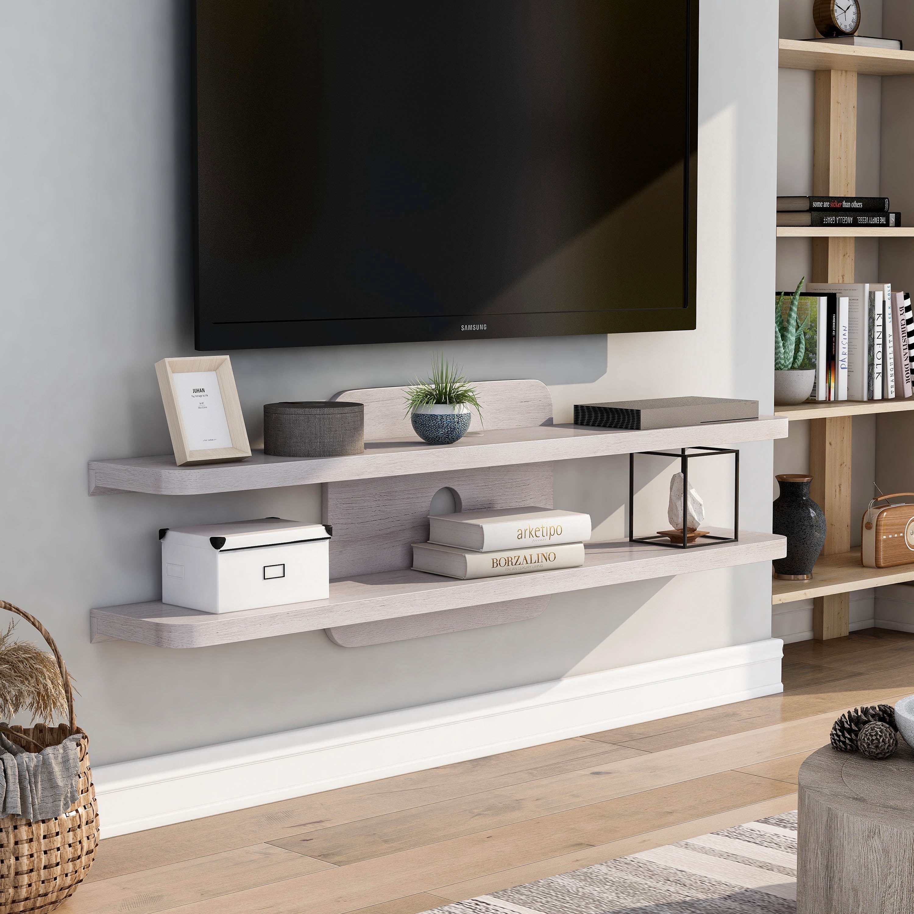 Rydstorp 2-Shelf Wood 60" Floating TV Stand, White Oak - Walmart.com