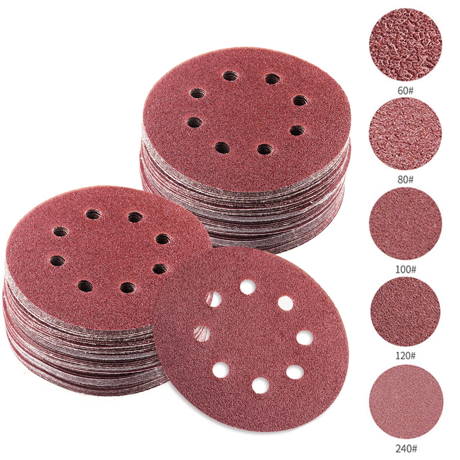 RyhamPaper 125PCS 5 Inch 8 Holes Sanding Discs 60 80 100 120 240 Grit ...