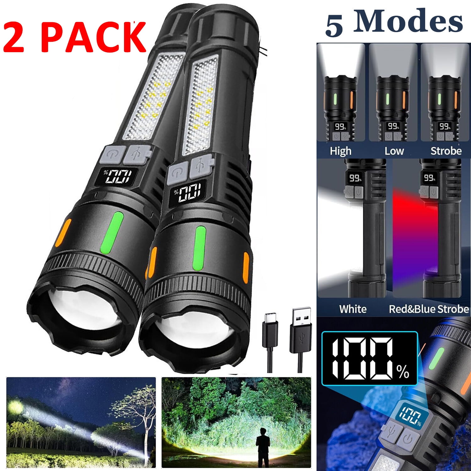 Ryhampaper 2PCS Super Bright LED Tactical Flashlight, Rechargeable Work ...