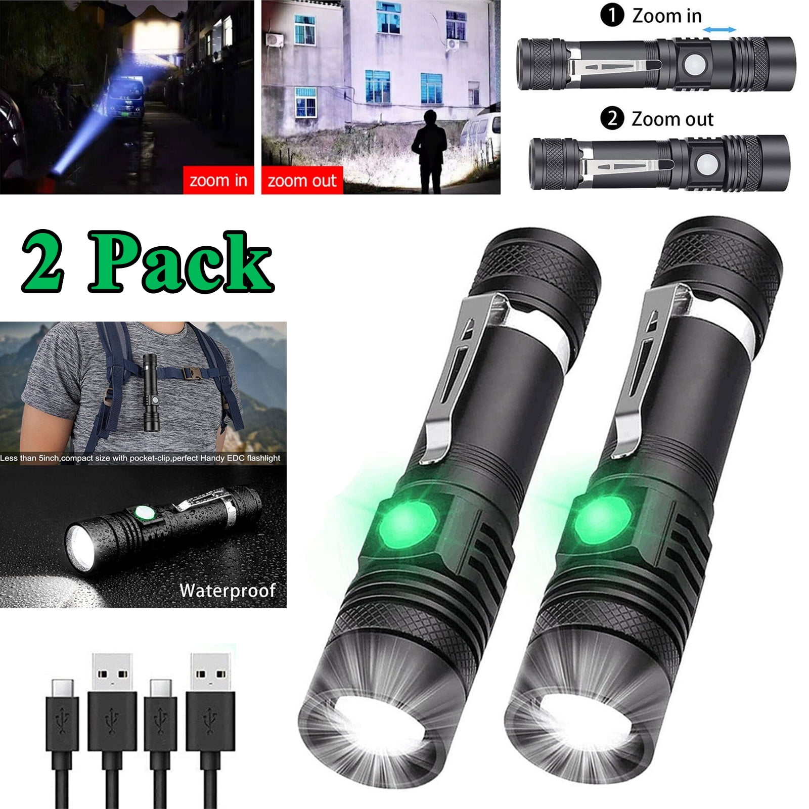 Ryhampaper 2PCS Super Bright LED Tactical Flashlight Zoomable ...