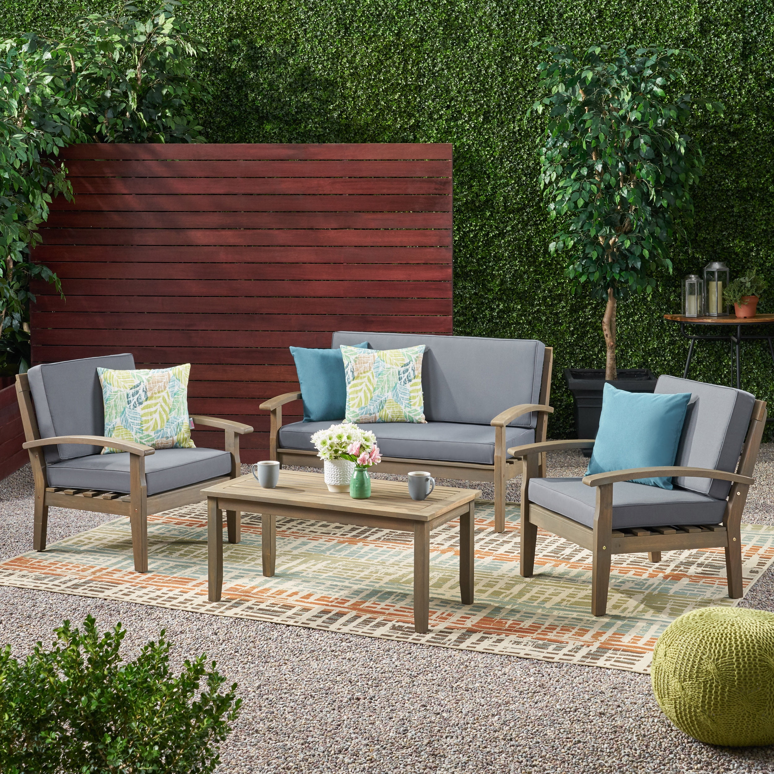 Ryland Outdoor 4 Piece Acacia Wood Chat Set, Gray, Dark Gray - Walmart.com