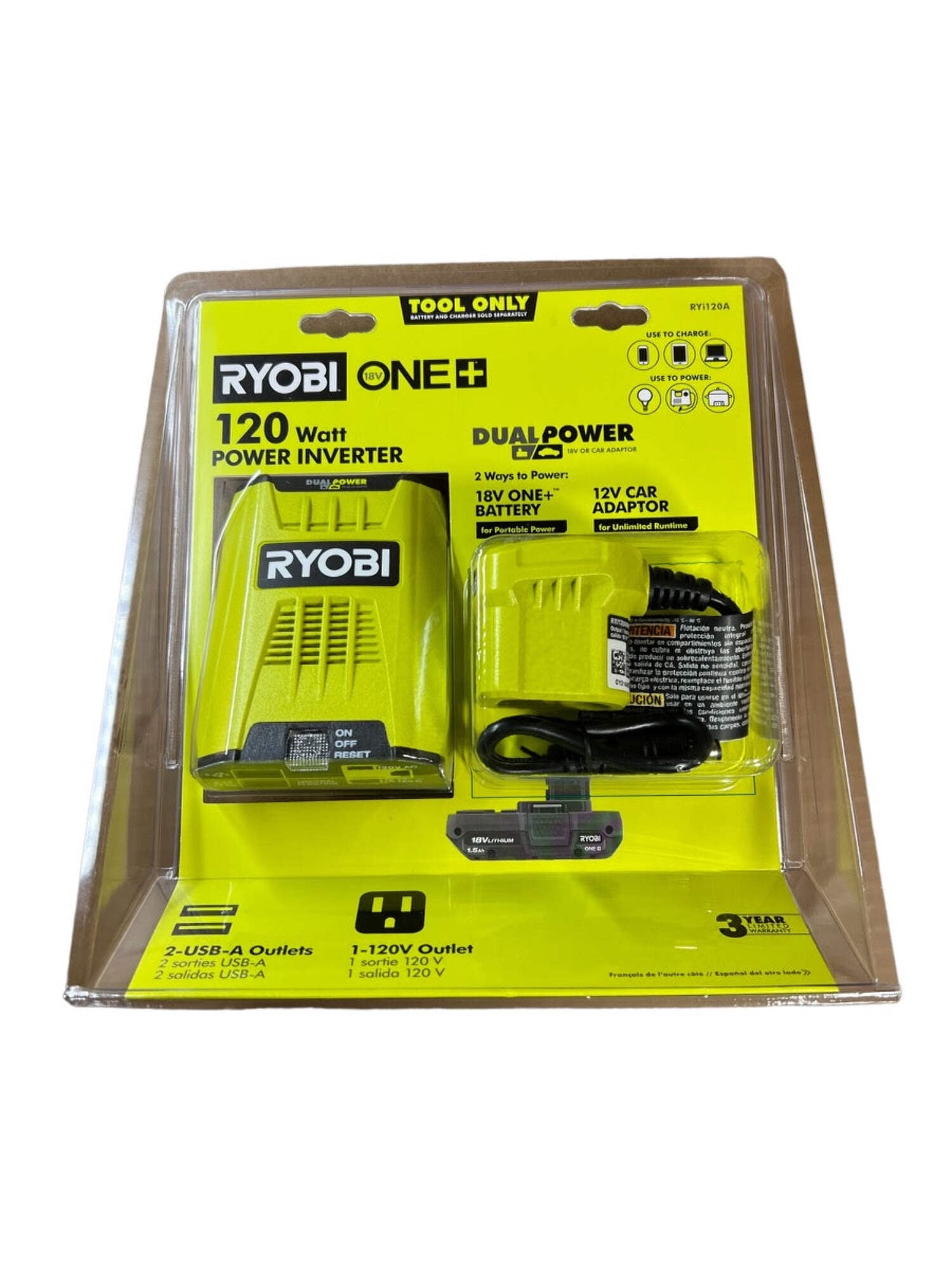 Ryobi Deal Finders 18V 120-Watt 12V Power Inverter, Dual USB Ports ...