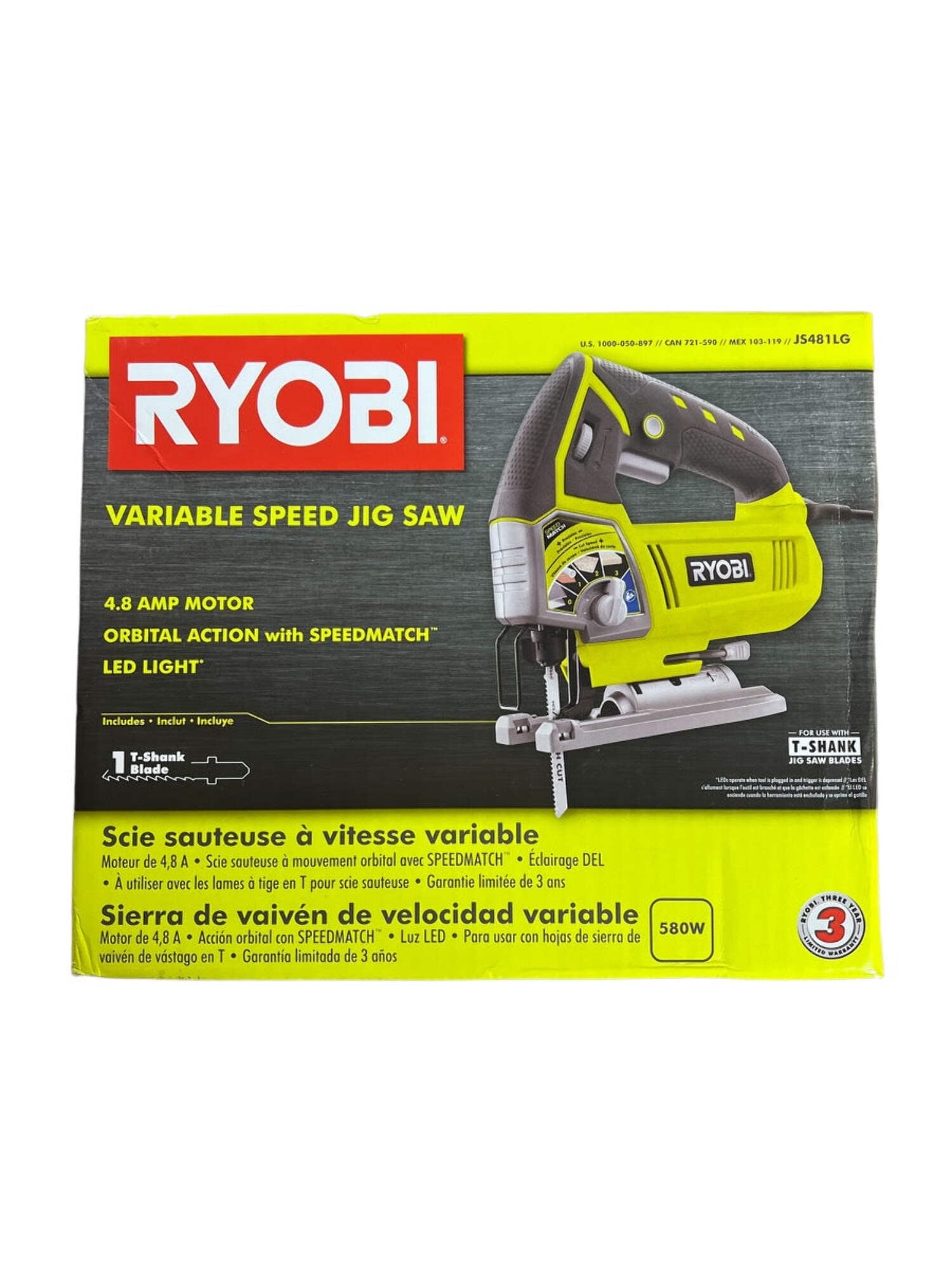 Ryobi JS481LG 4.8 Amp Corded Variable Speed T-Shank Orbital Jig Saw w ...