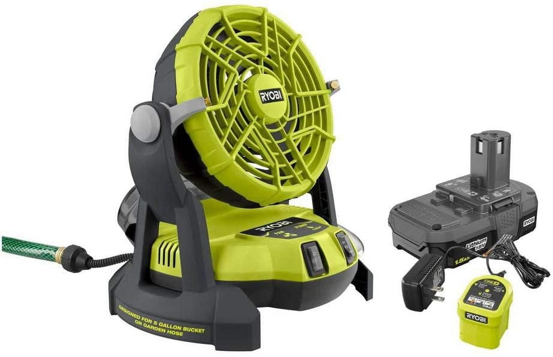 Ryobi 18V ONE+ Misting Fan, 2 Brass Nozzles, Portable Cooling, Hi/Lo ...
