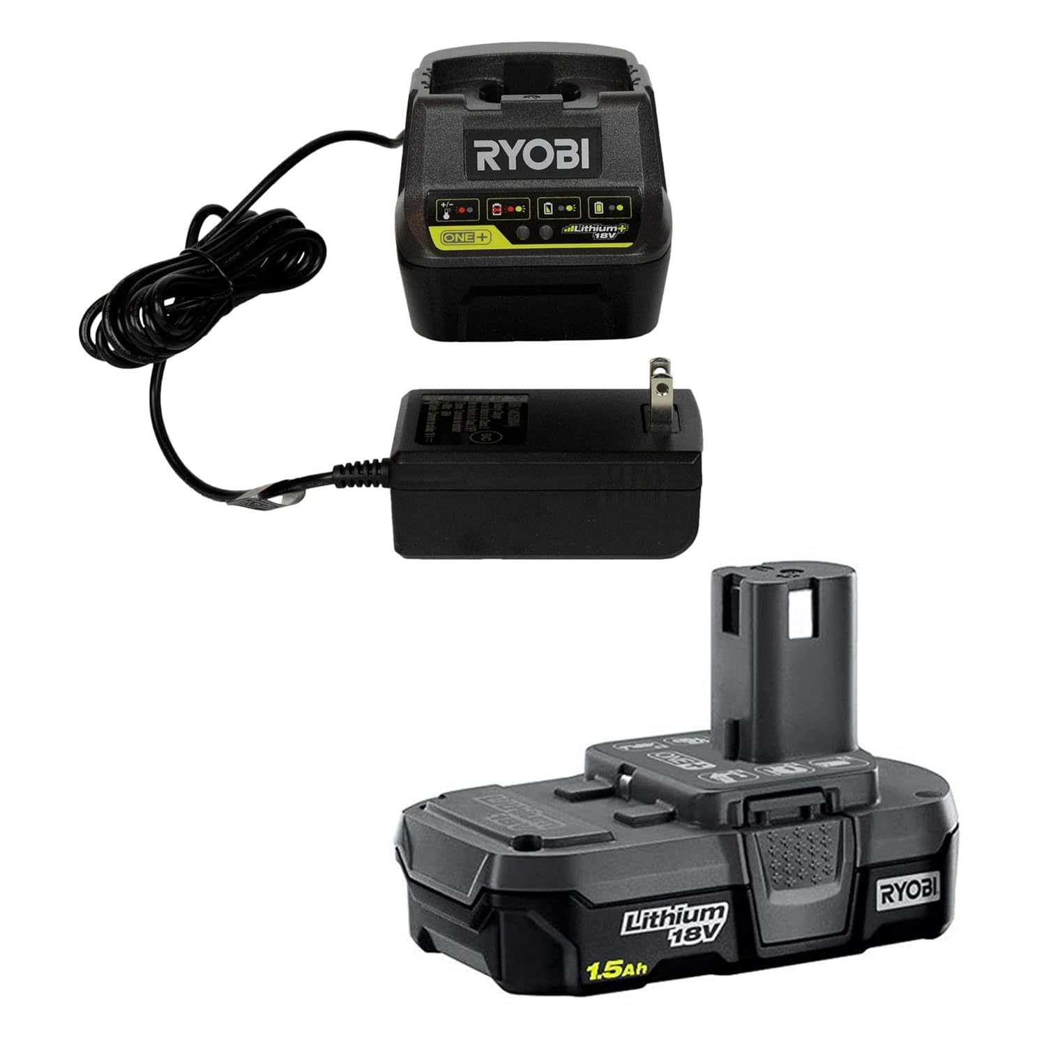 Ryobi P118B 18V Battery Charger and Ryobi P189 18V 1.5 Ah Battery Combo ...