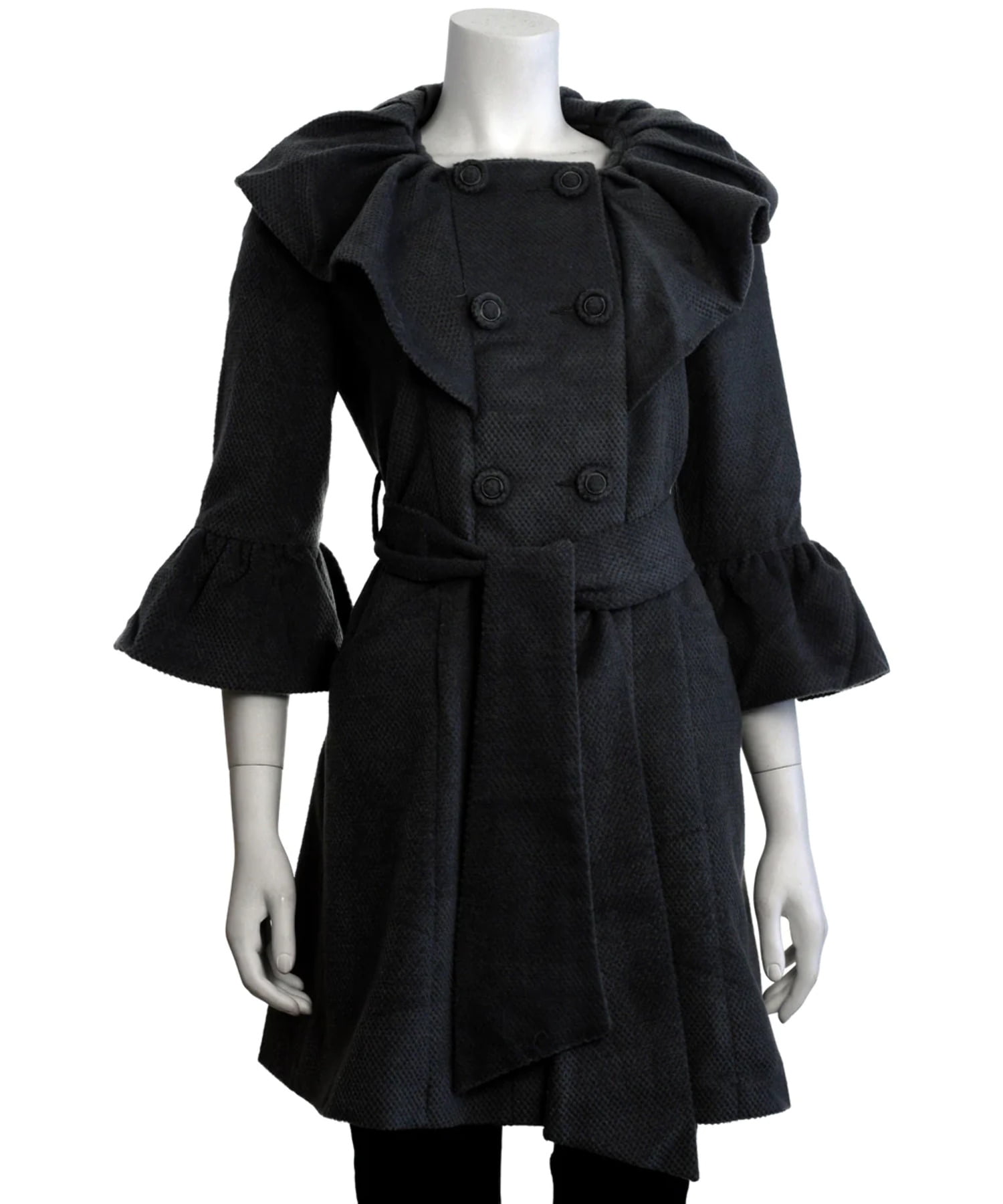 Ryu: Pintuck Detailed Double Button Coat with Waist Tie, Black ...