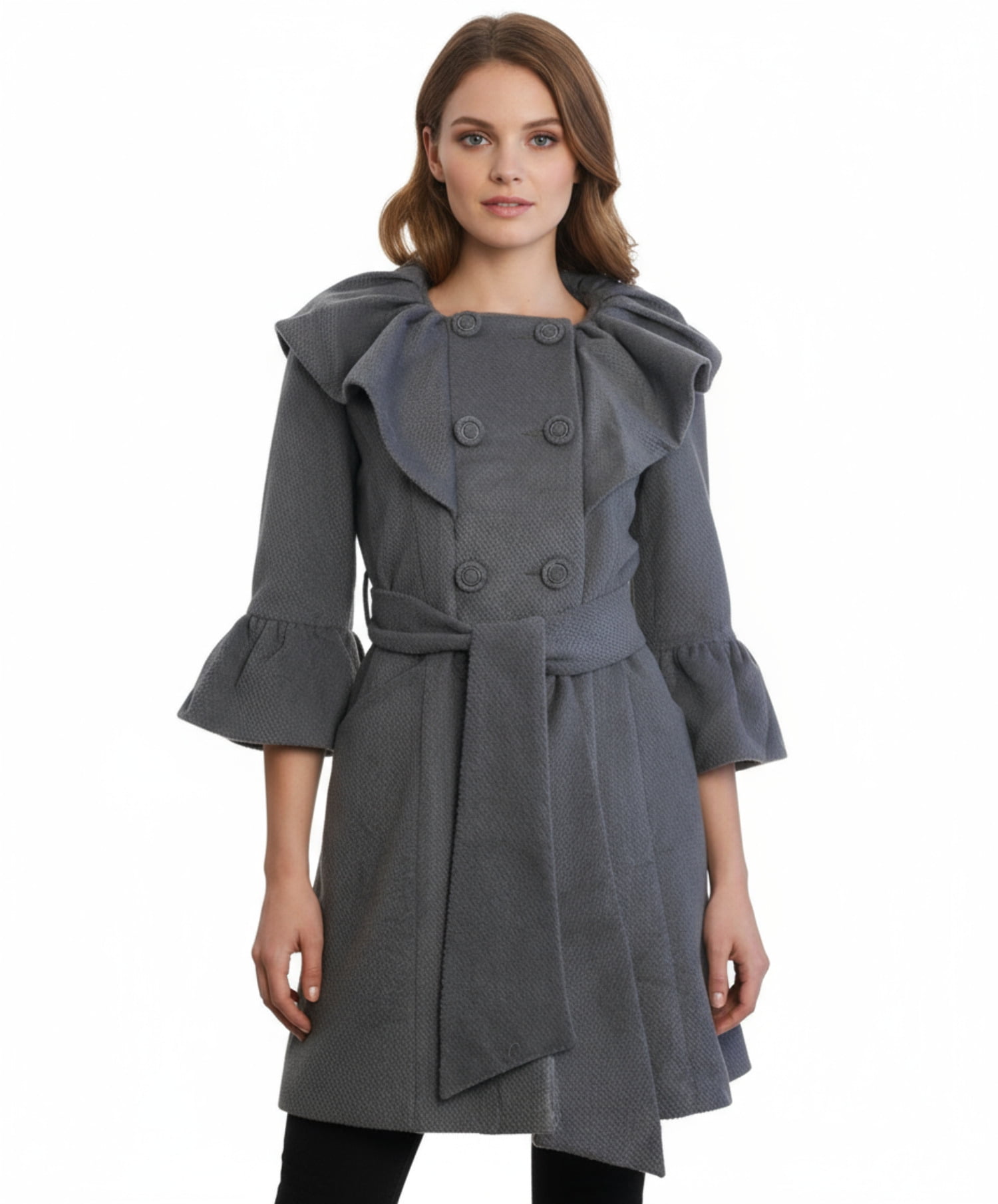 Ryu: Pintuck Detailed Double Button Coat with Waist Tie, Grey - Walmart.com