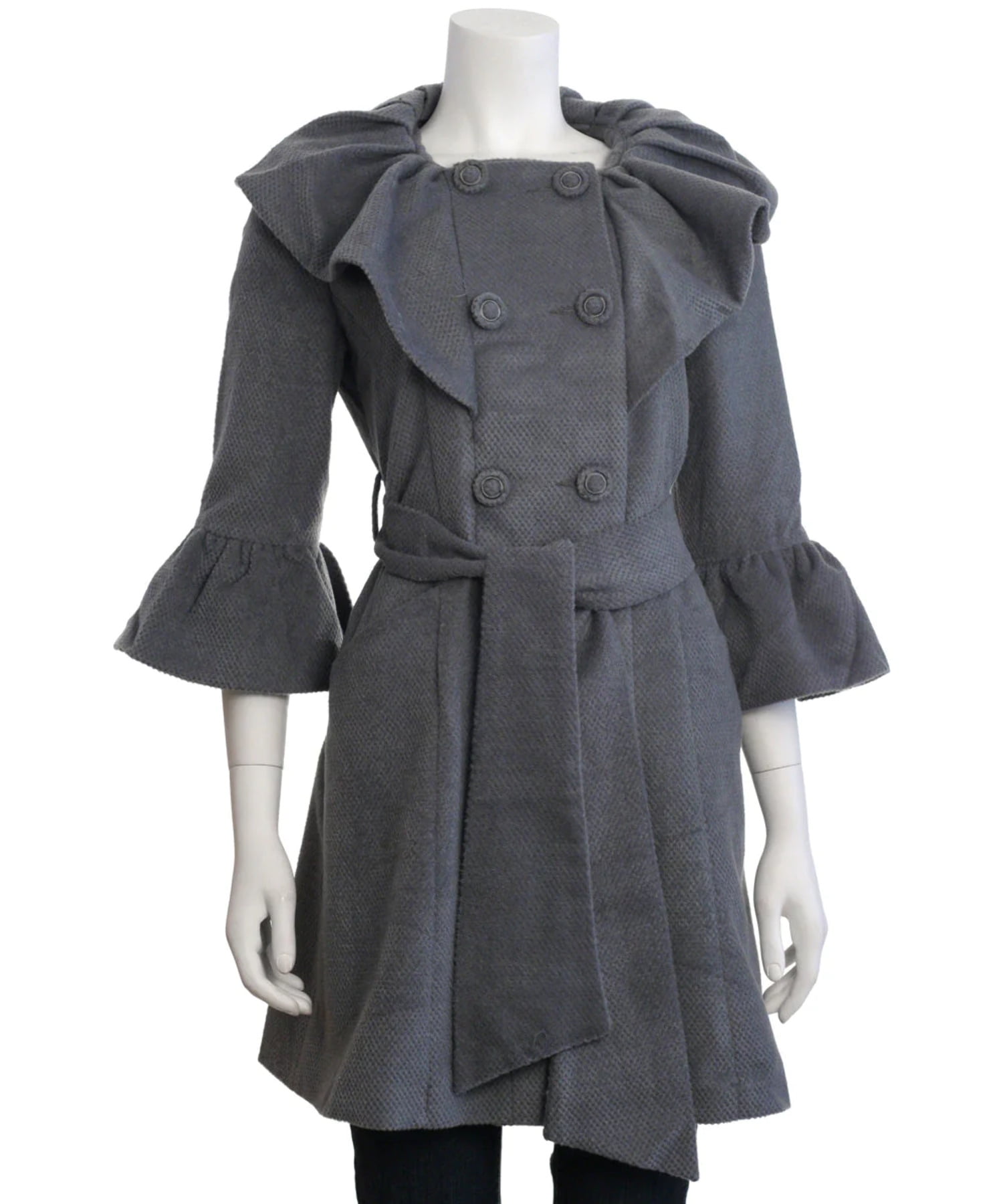 Ryu: Pintuck Detailed Double Button Coat with Waist Tie, Grey - Walmart.com