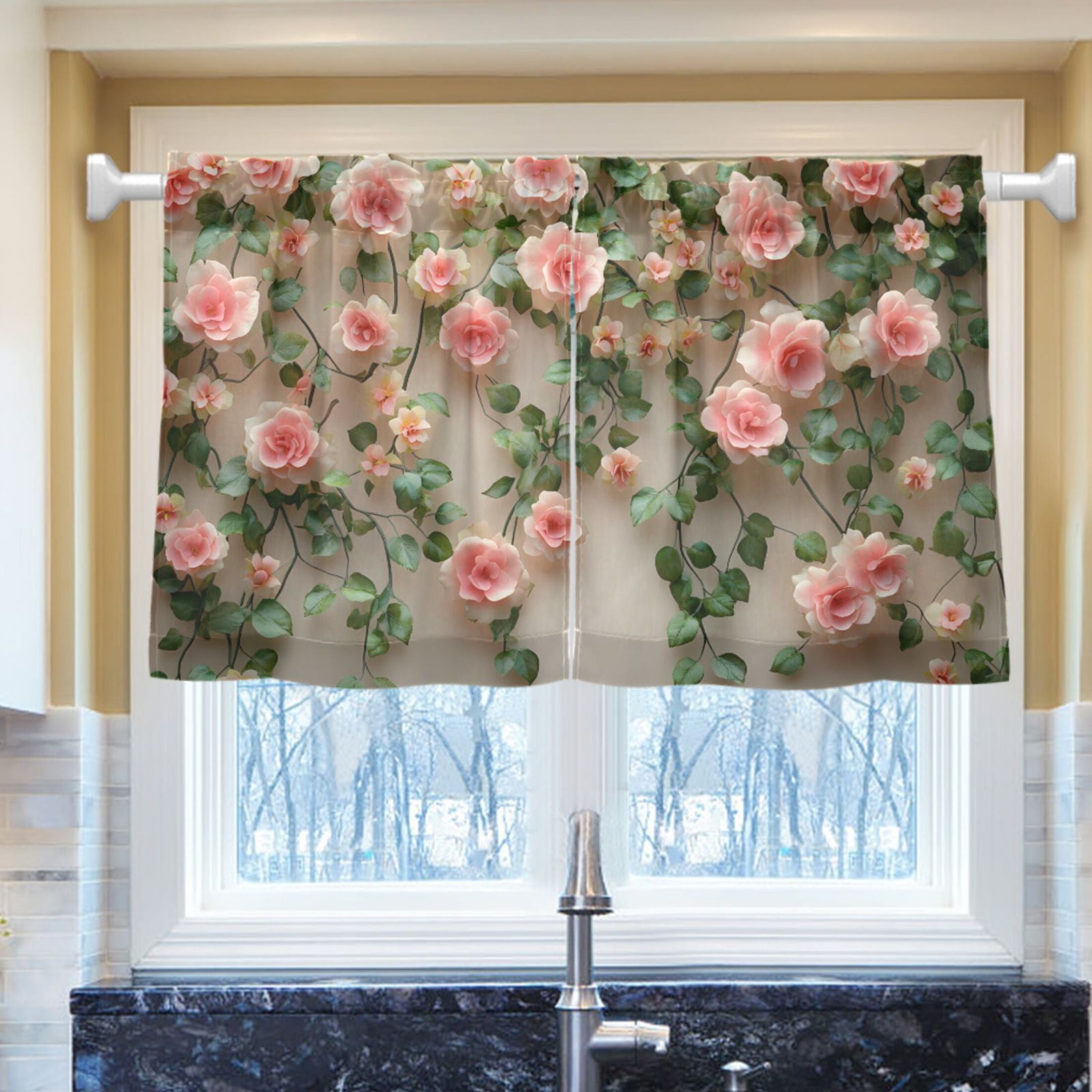 Ryvnso 3d Flower Roses Half Curtains Sets Tier 2 Panels Short Curtain ...
