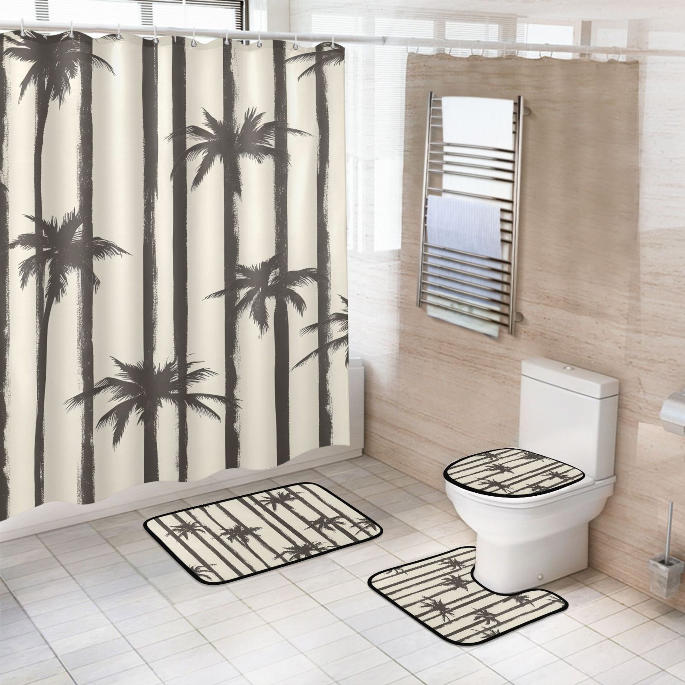 Ryvnso 4 Pcs Retro Palm Tree Bathroom Shower Curtain Set with 12 Hooks ...